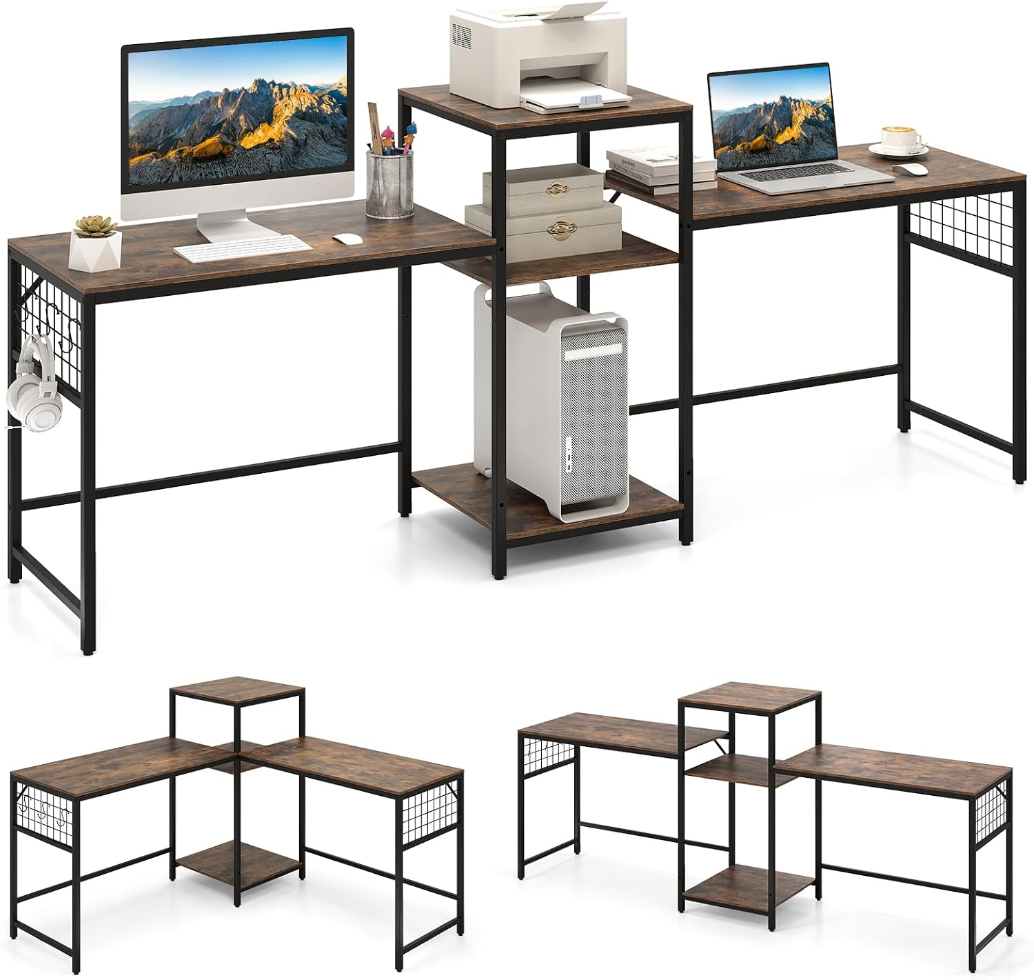 COSTWAY L-Shaped Computer Desk, 240cm Long Convertible 2-Person Desk ...
