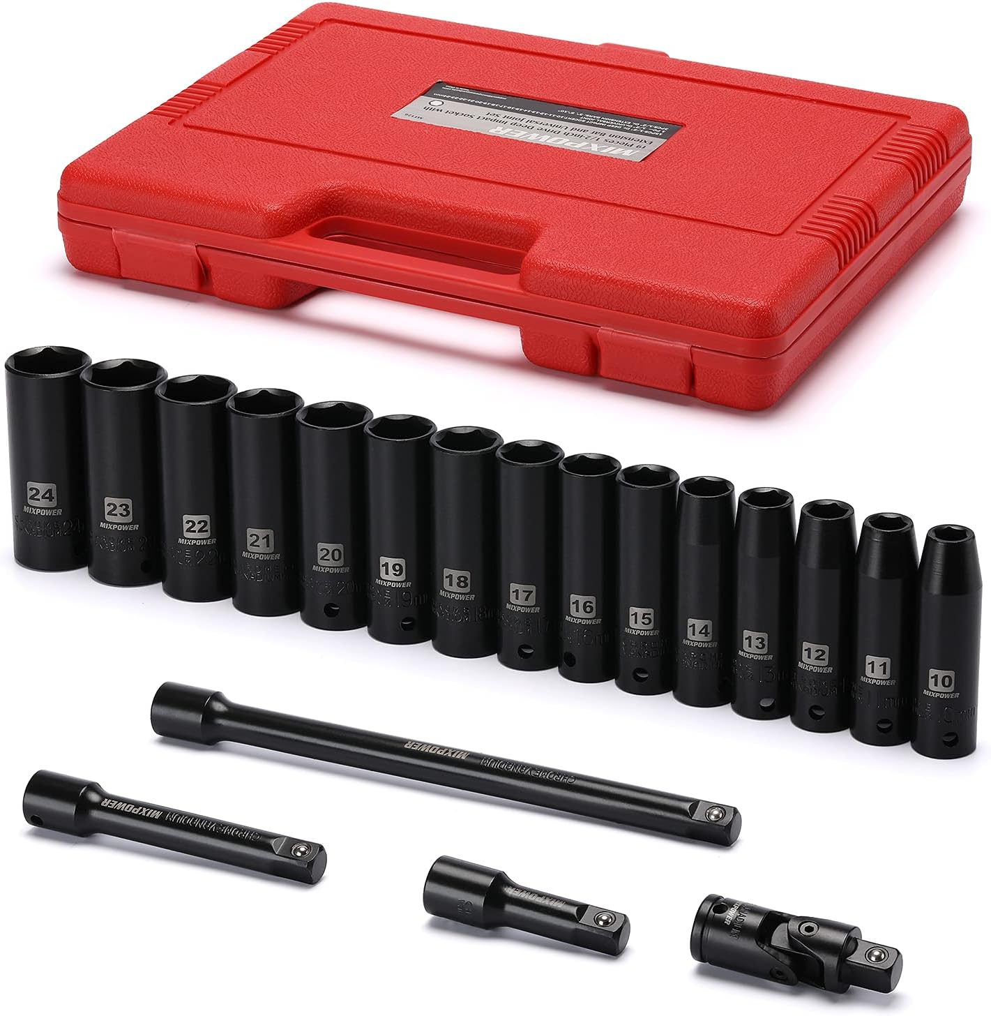 MIXPOWER 1/2-Inch Drive Deep Impact Socket Set, CR-V, Metric Size 10 ...
