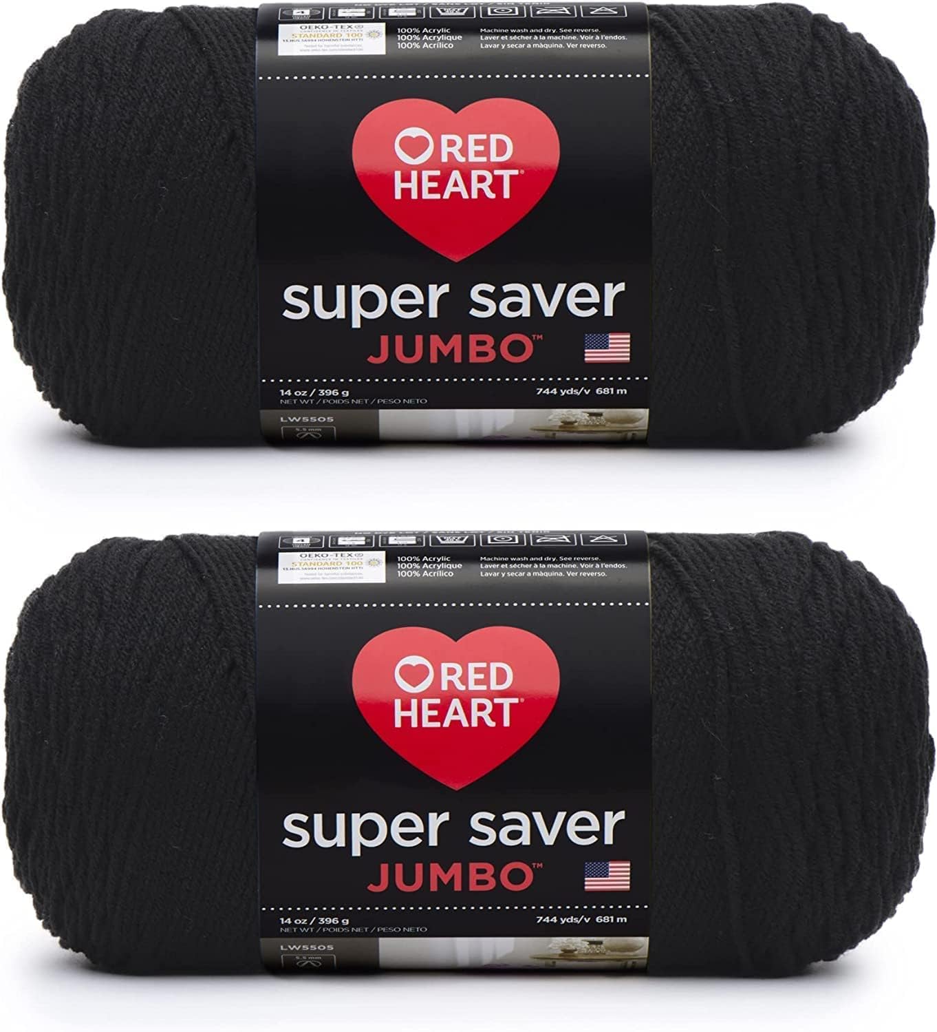 Red Heart Super Saver Jumbo Black, 2 Pack 14oz/396g-Acrylic-#4 Medium ...