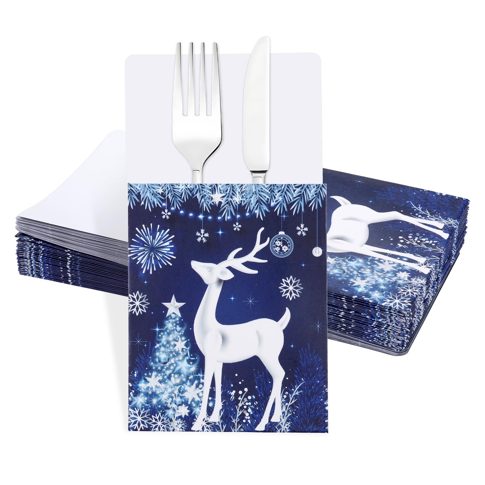 Balterever 50pcs Christmas Utensil Holder Blue Xmas Deer Flatware ...