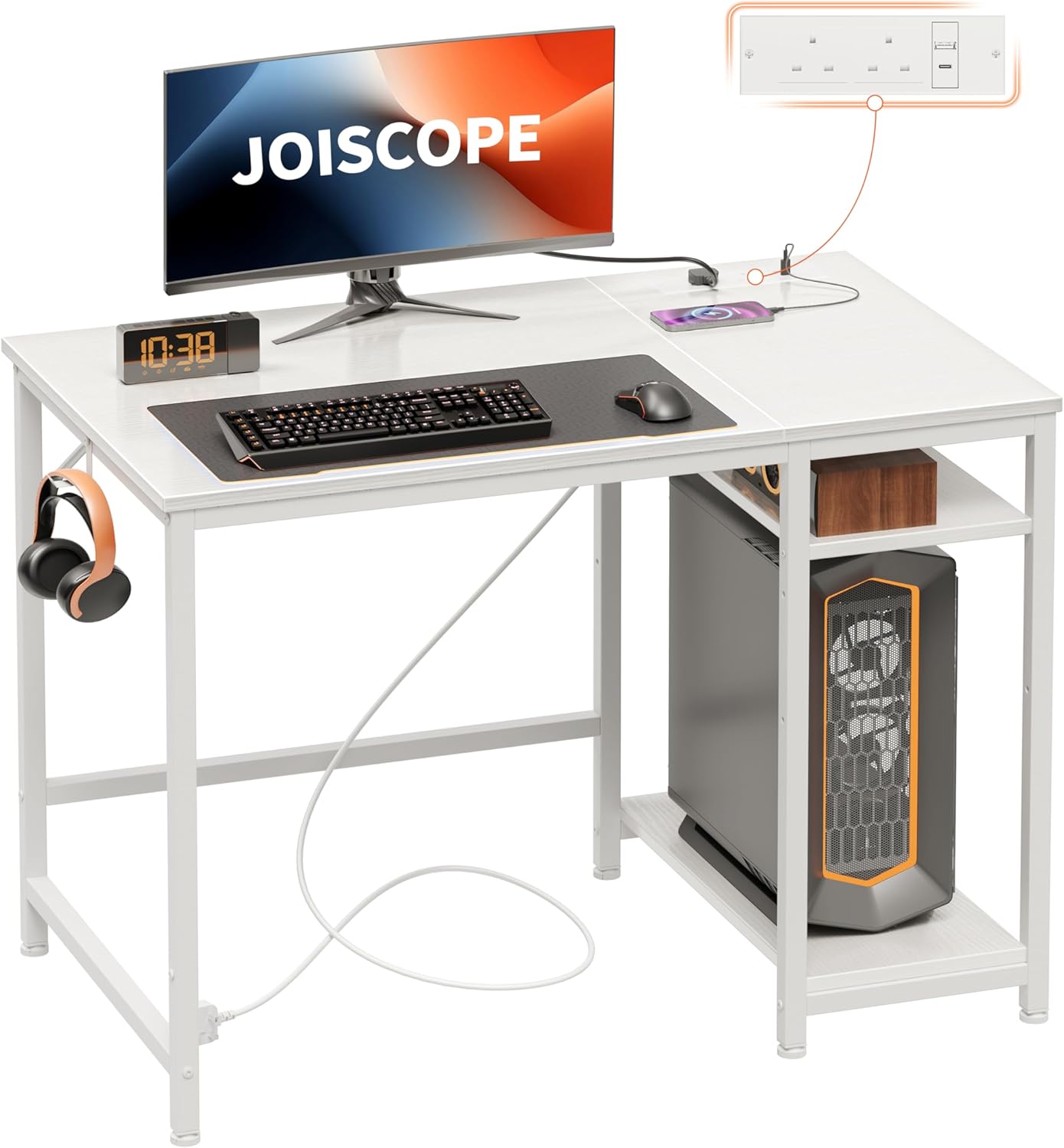 JOISCOPE Computer Desk - 100cm White Gaming Desk with USB Outlets, Type ...