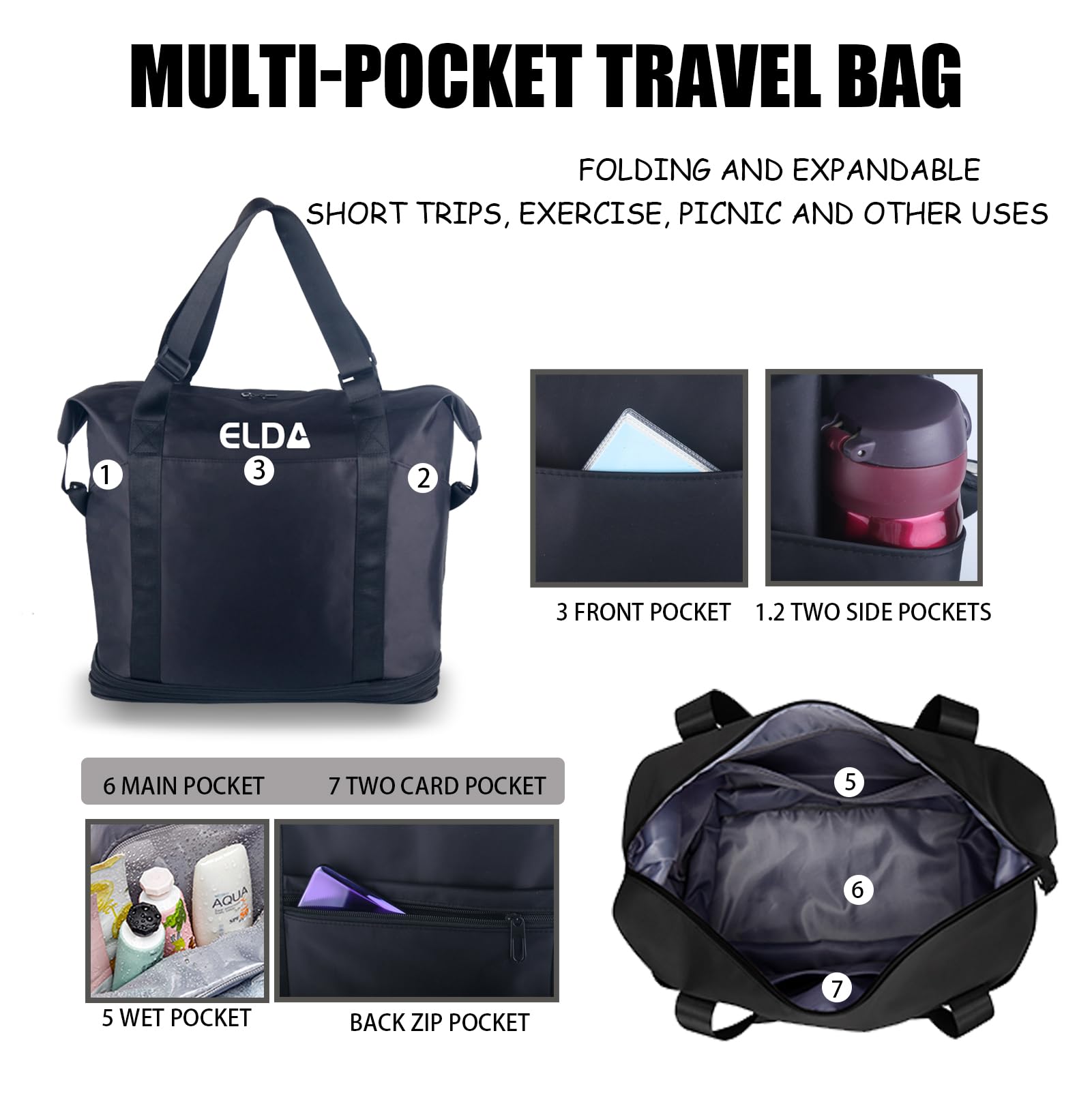 ELDA Foldable Duffle Bags Expandable Rolling Suitcase for Men Women Carry on Luggages with 360Â ...