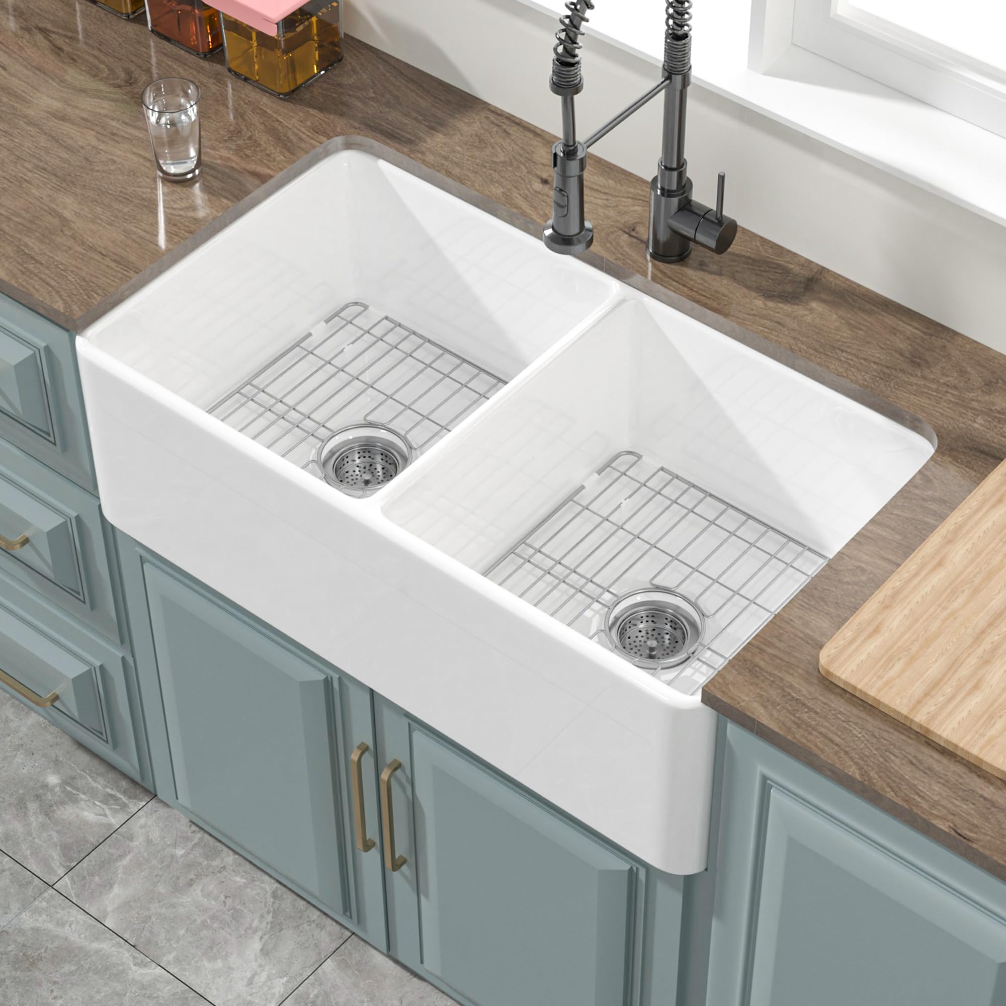 Snapklik.com : HOMLYLINK Double Bowl Farmhouse Sink White 33 X 18 Inch ...