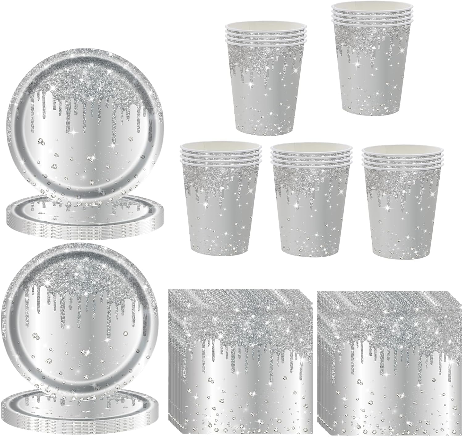 60 Pcs Silver Party Tableware Set With Paper Plates, Cups and Napkins ...