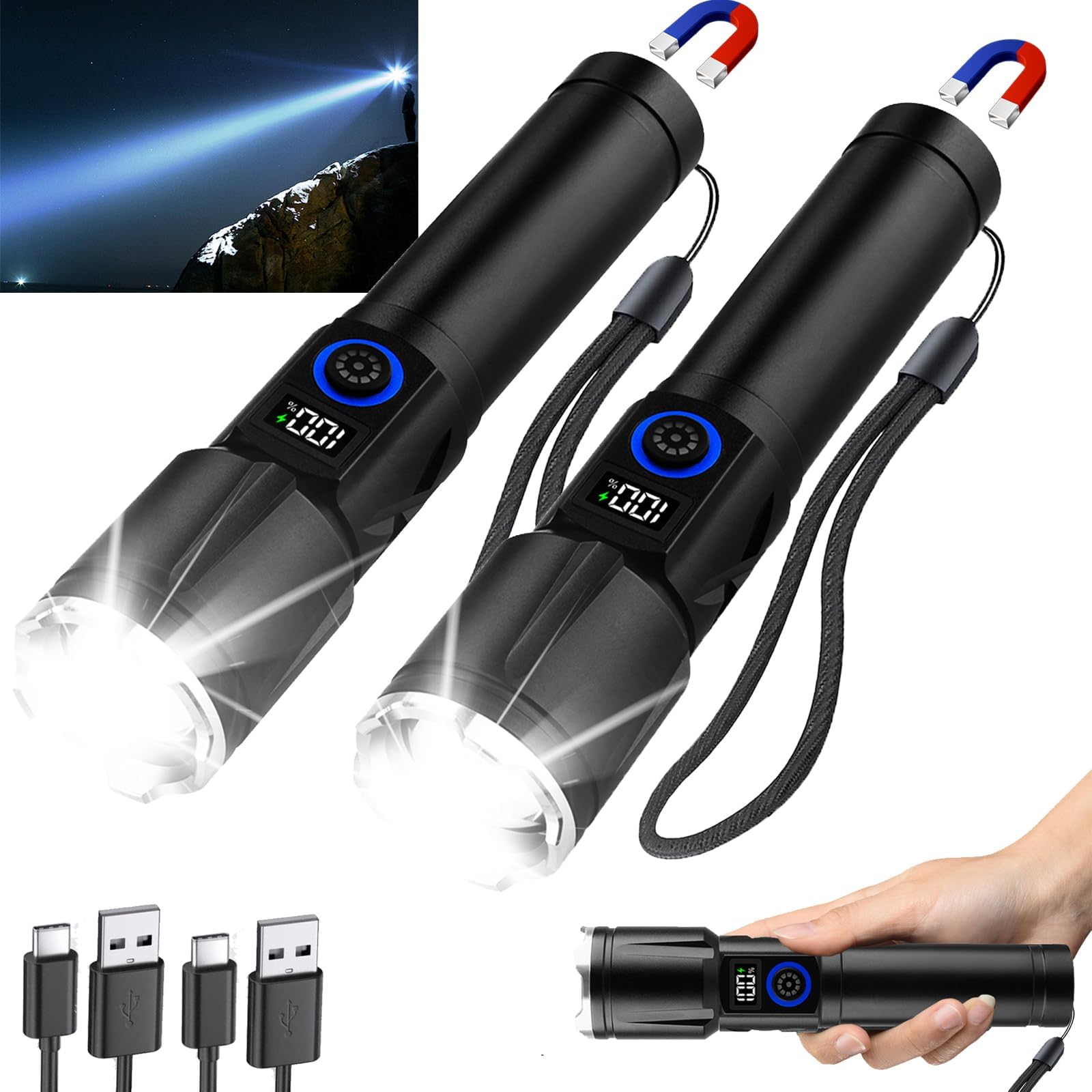 Sogidon Flashlights High Lumens Rechargeable 2 Packs, High Lumens Super ...
