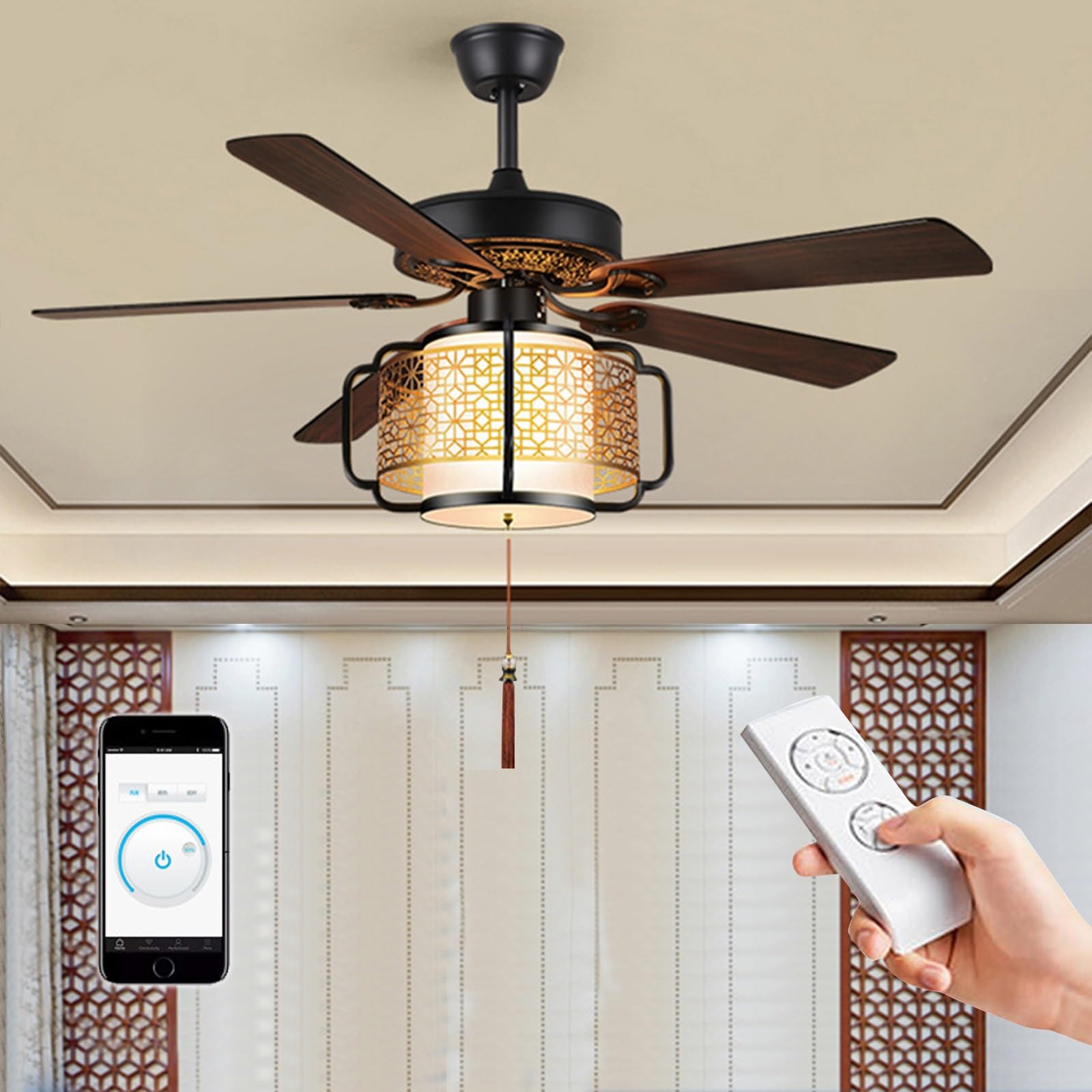 Asian Inspired Ceiling Fans 42"/52" W 3 Lights Metal Ceiling Lighting
