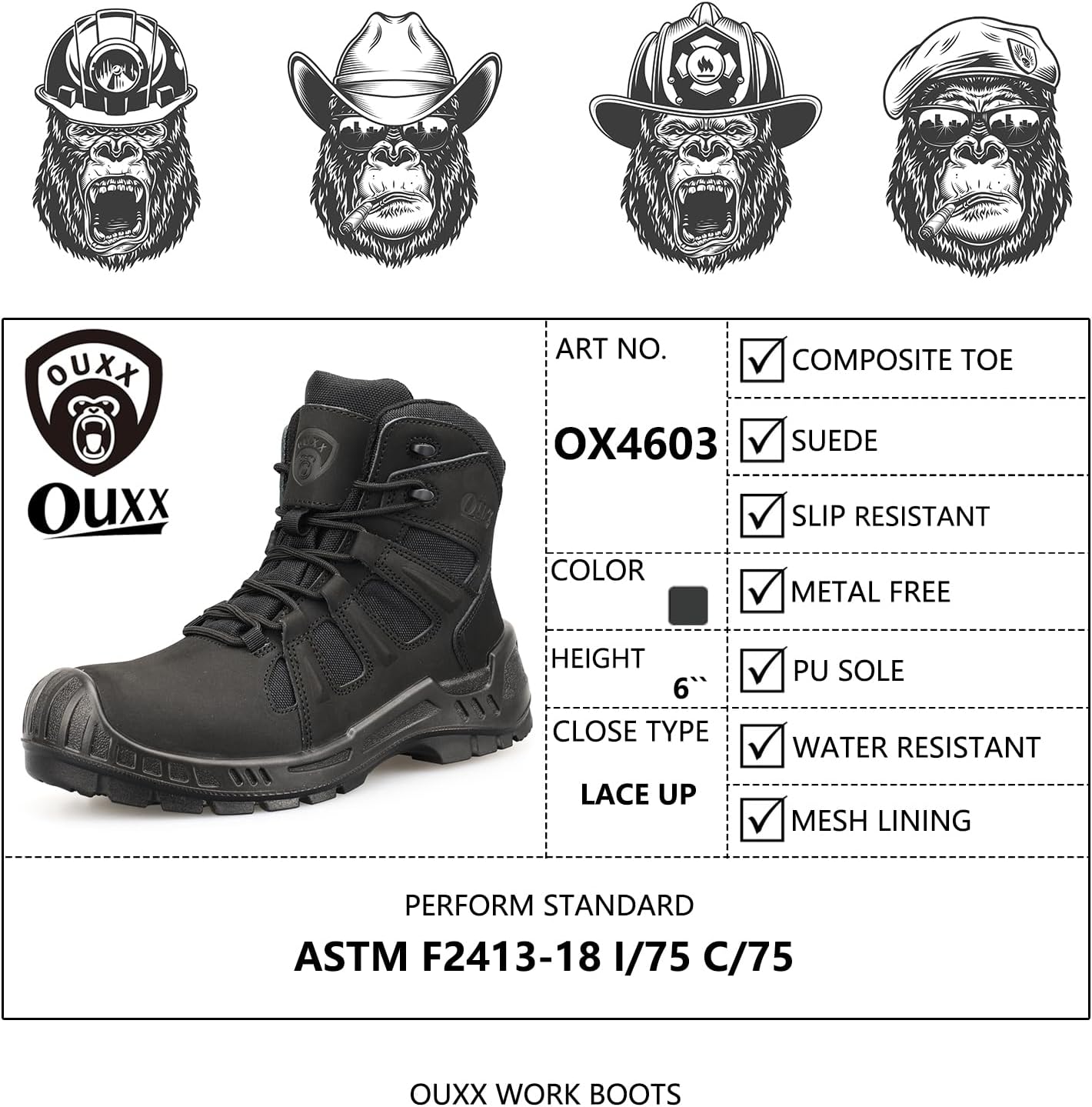 OUXX Men's Composite Toe Work Boots, ASTM F2413 Safety Shoes, Metal ...