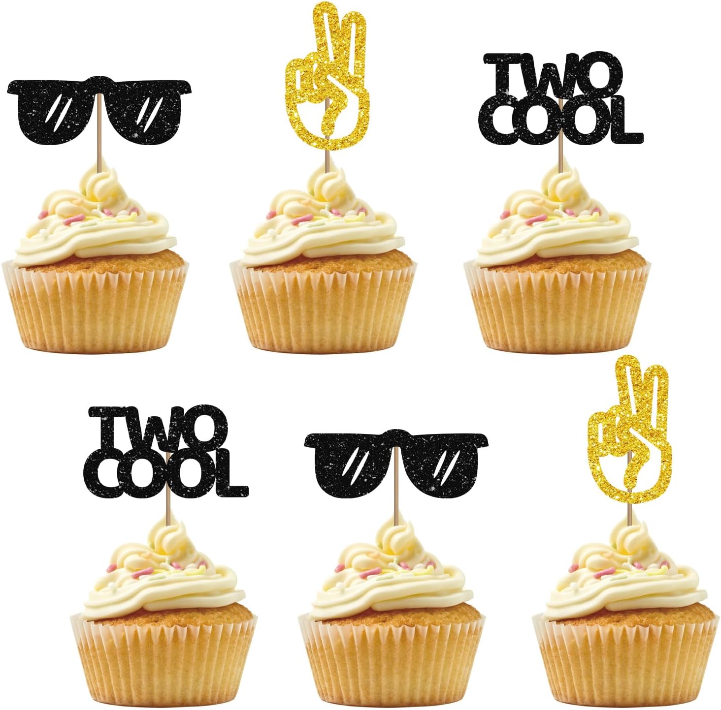 Set of 24 Two Cool Cupcake Toppers for 2nd Birthday, Gold & Black ...
