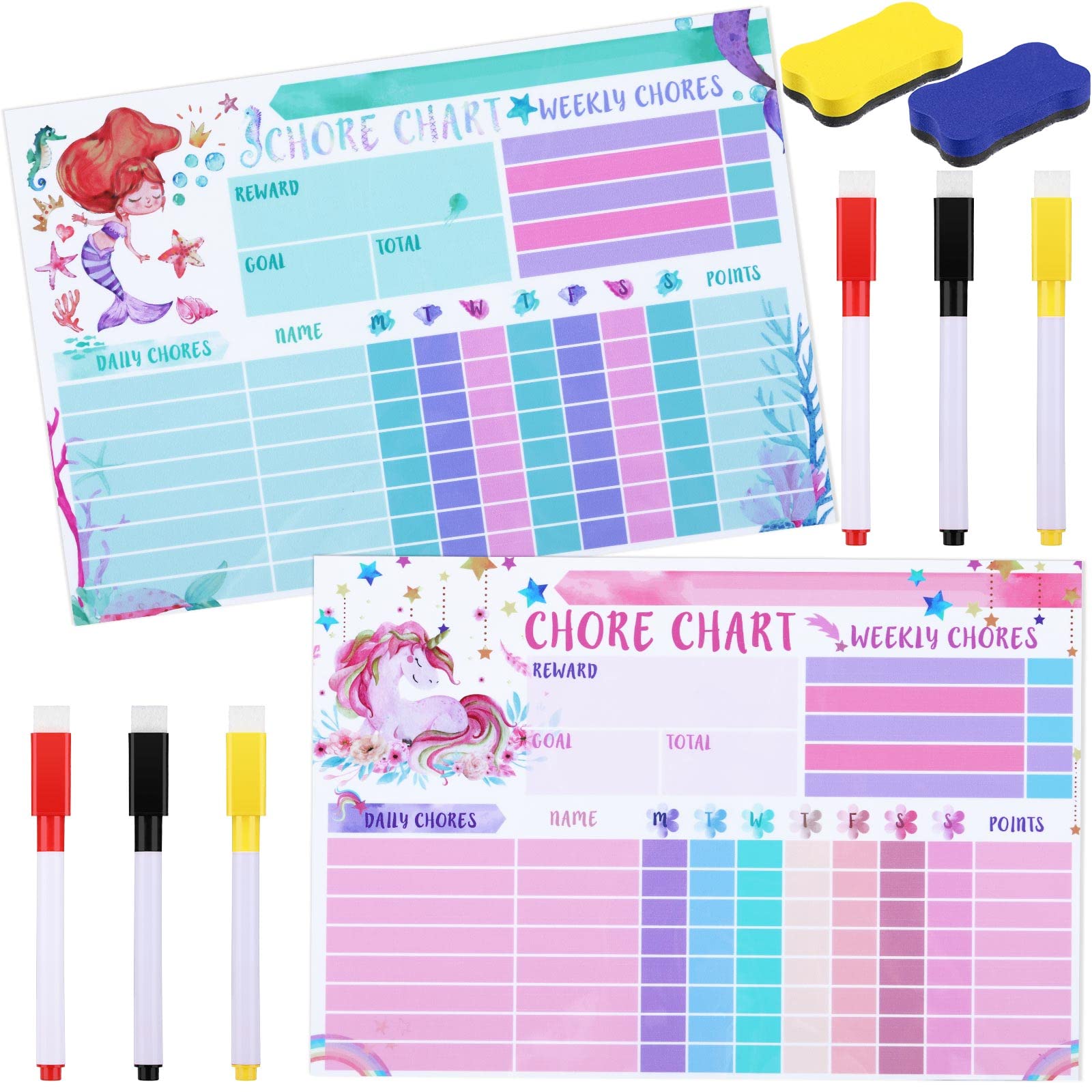 2 Sets Kids Chore Chart Magnetic Unicorn Mermaid Reward Chart ...