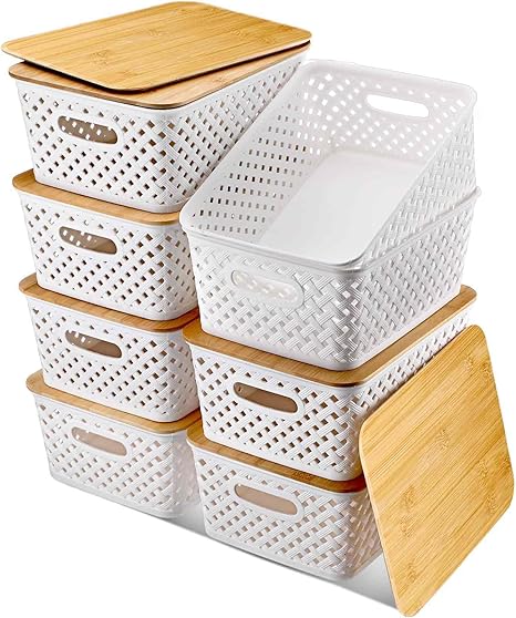 Amazon.com - Barydat 8 Pack Plastic Storage Baskets with Bamboo Lid ...