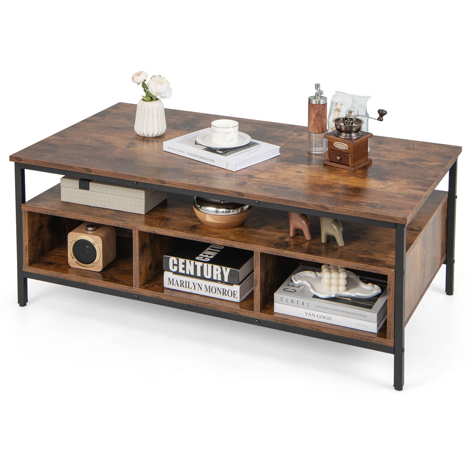 CASART Coffee Table, Industrial Sofa Side Table with Open Shelf & 3 ...