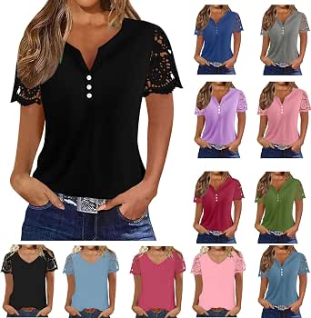 Generic Lace Sleeve Tops for Women Short Sleeve Button Down Shirts ...