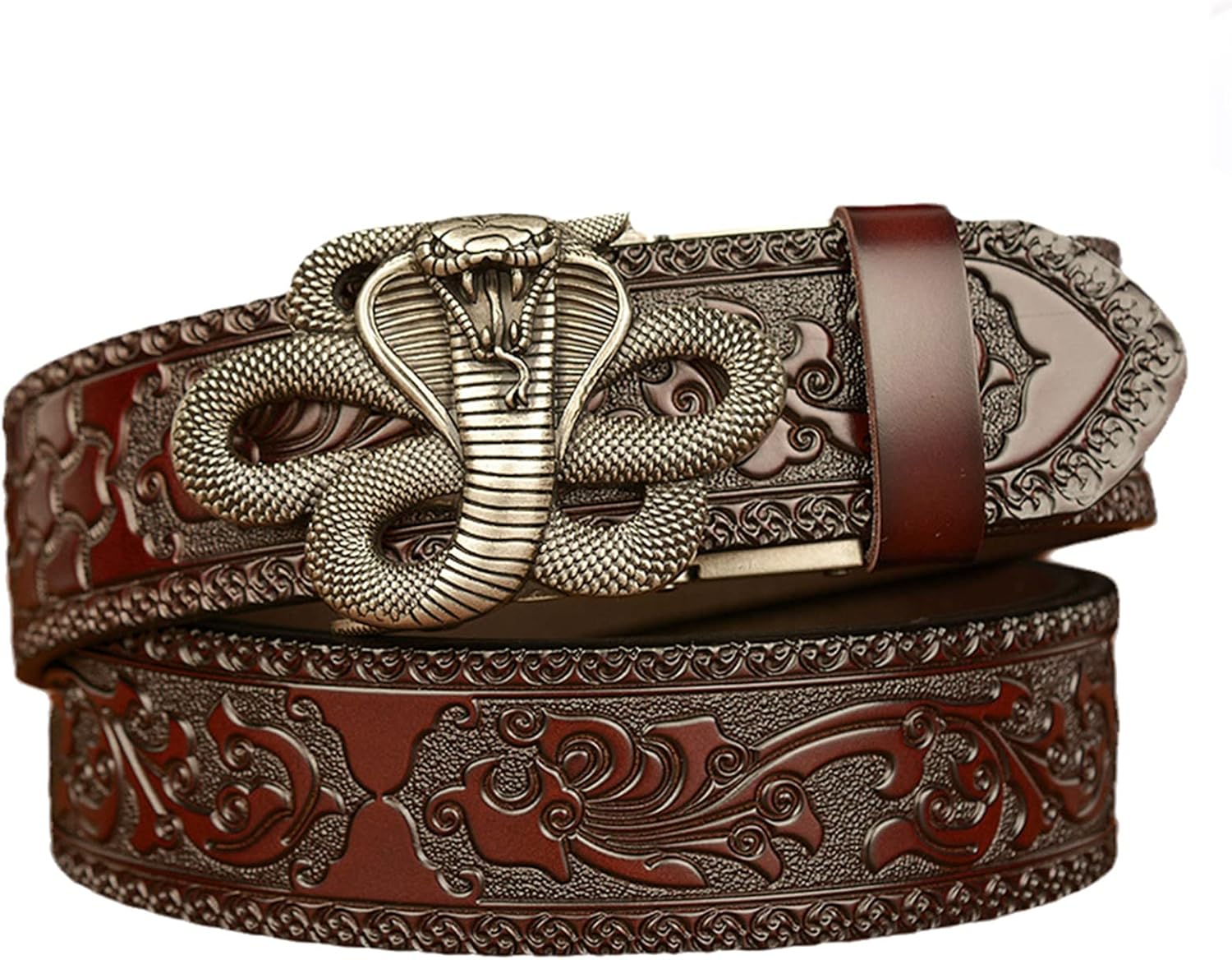Amazon.com: YOPADO Brown Leather Ratchet Embossed Belt with Engraving ...