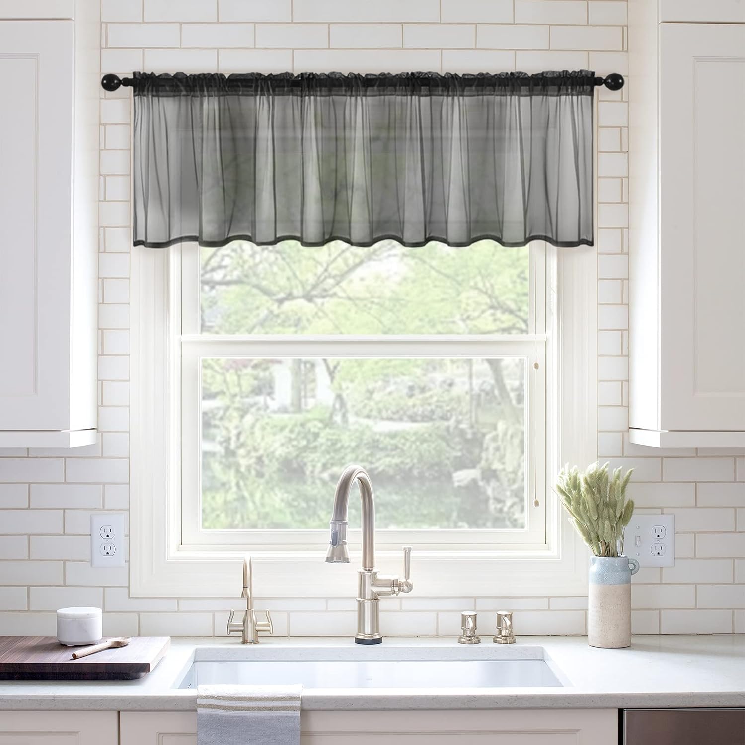 MIULEE Black Kitchen Valance Half Window Sheer Curtains Rod Pocket ...