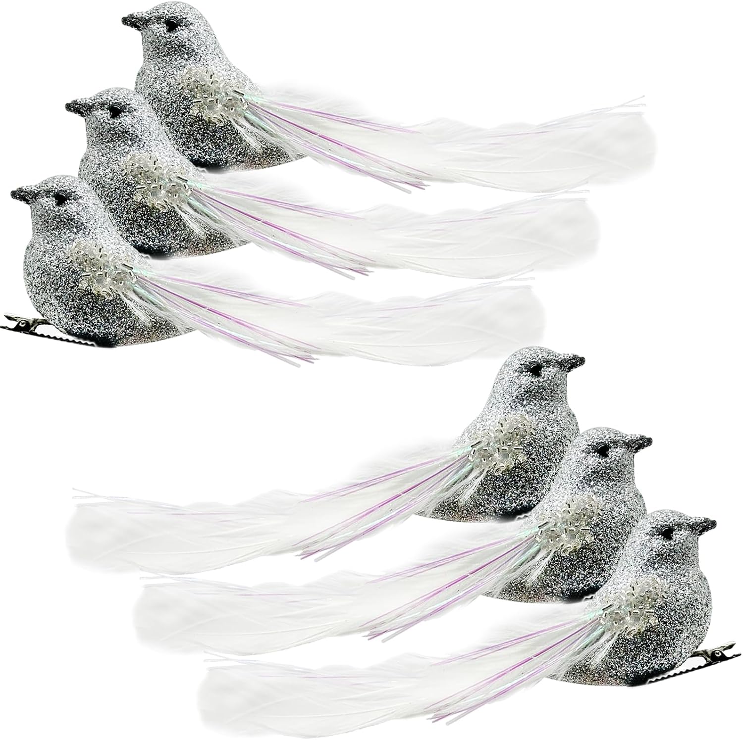 Amazon.com: Glitter Birds Silver Artificial Foam Feather Birds Clip on ...