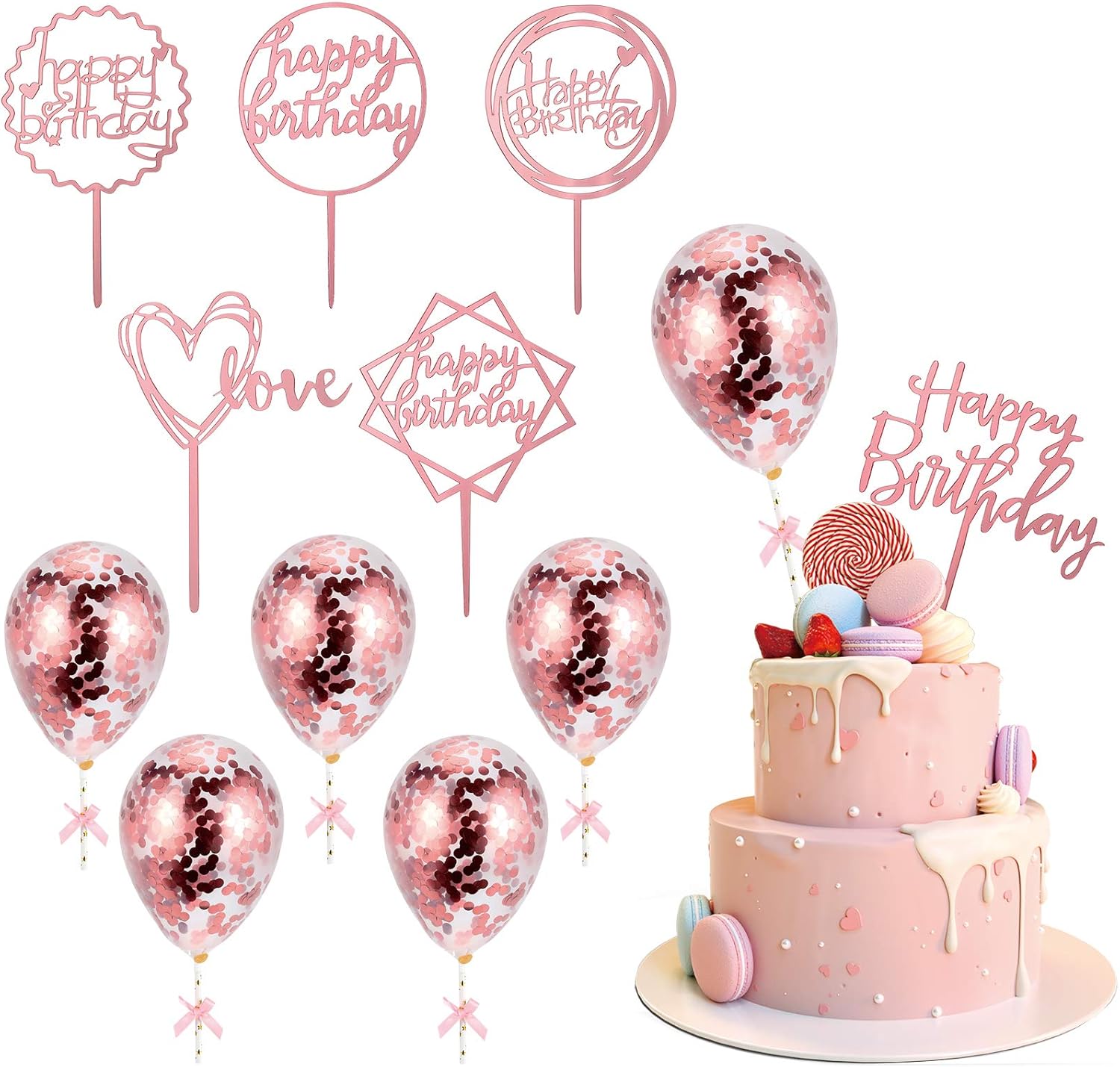 Amazon.com: 12PCS Rose Gold Birthday Cake Topper Set, 6 Pcs Acrylic ...