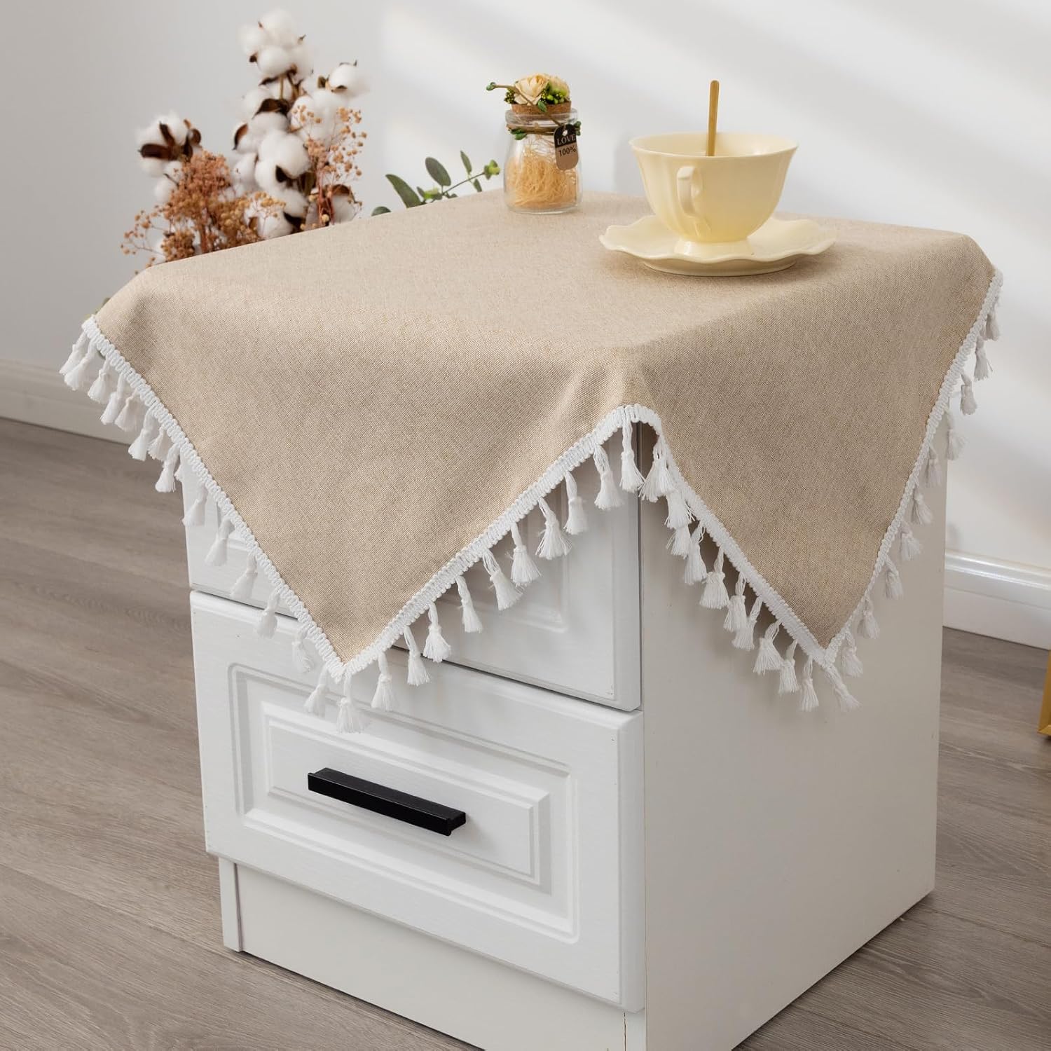 Amazon.com: YZKITM Small Square Tablecloth Solid Beige Fabric Tassel ...