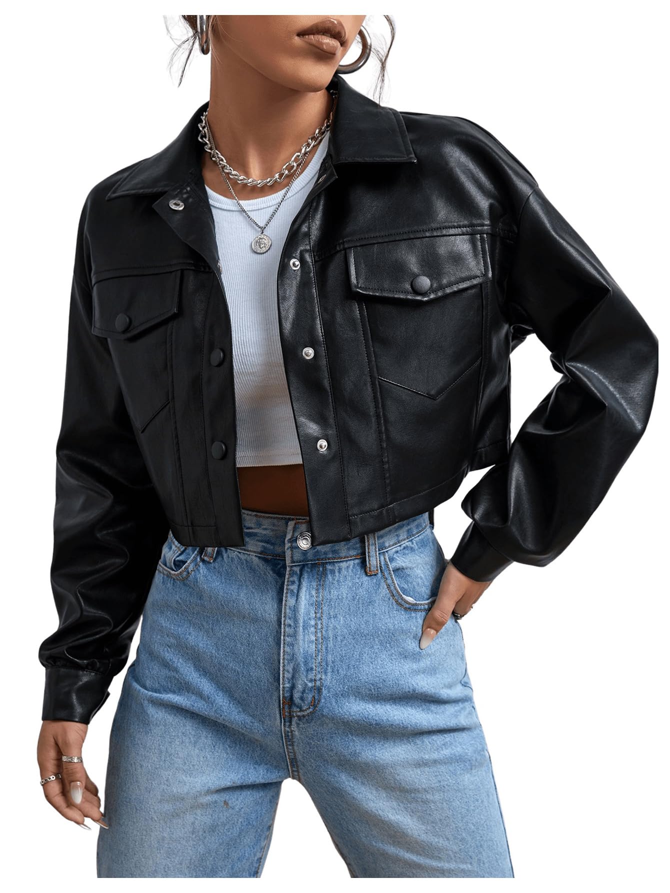 MakeMeChic Women's Faux Leather Crop Jacket Button Down Pocket Cropped ...