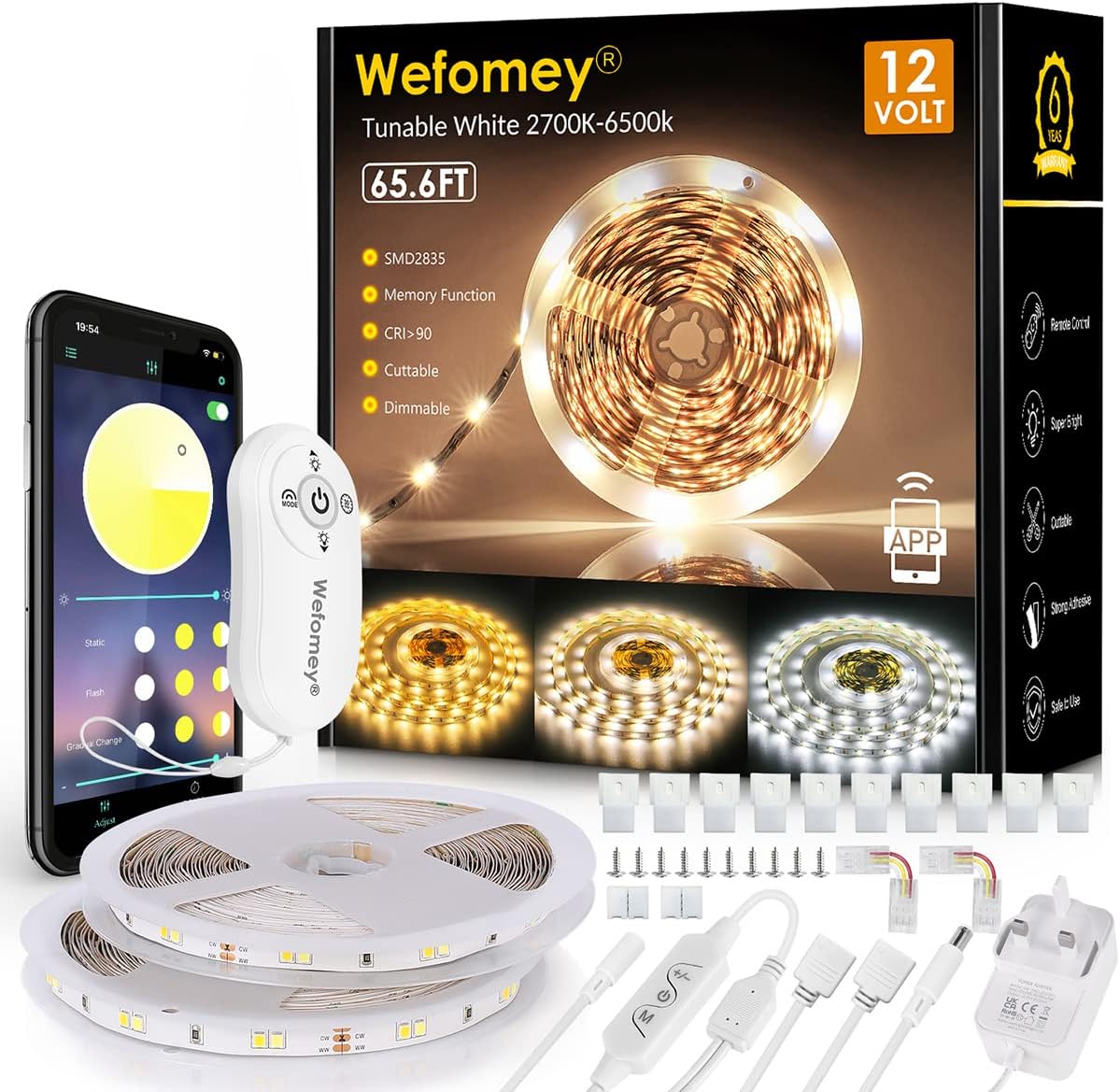 Wefomey White LED Strip Light 20M 1200 LEDs, 7200lm Dimmable 12V Tape ...