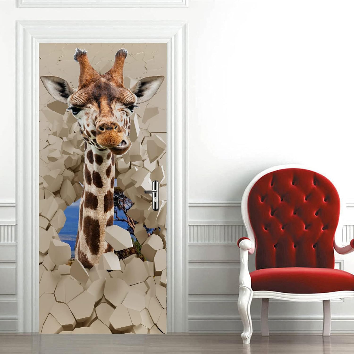 3D Door Stickers Mural Cartoon & Giraffe DIY Vinyl Self-Adhesive Door ...