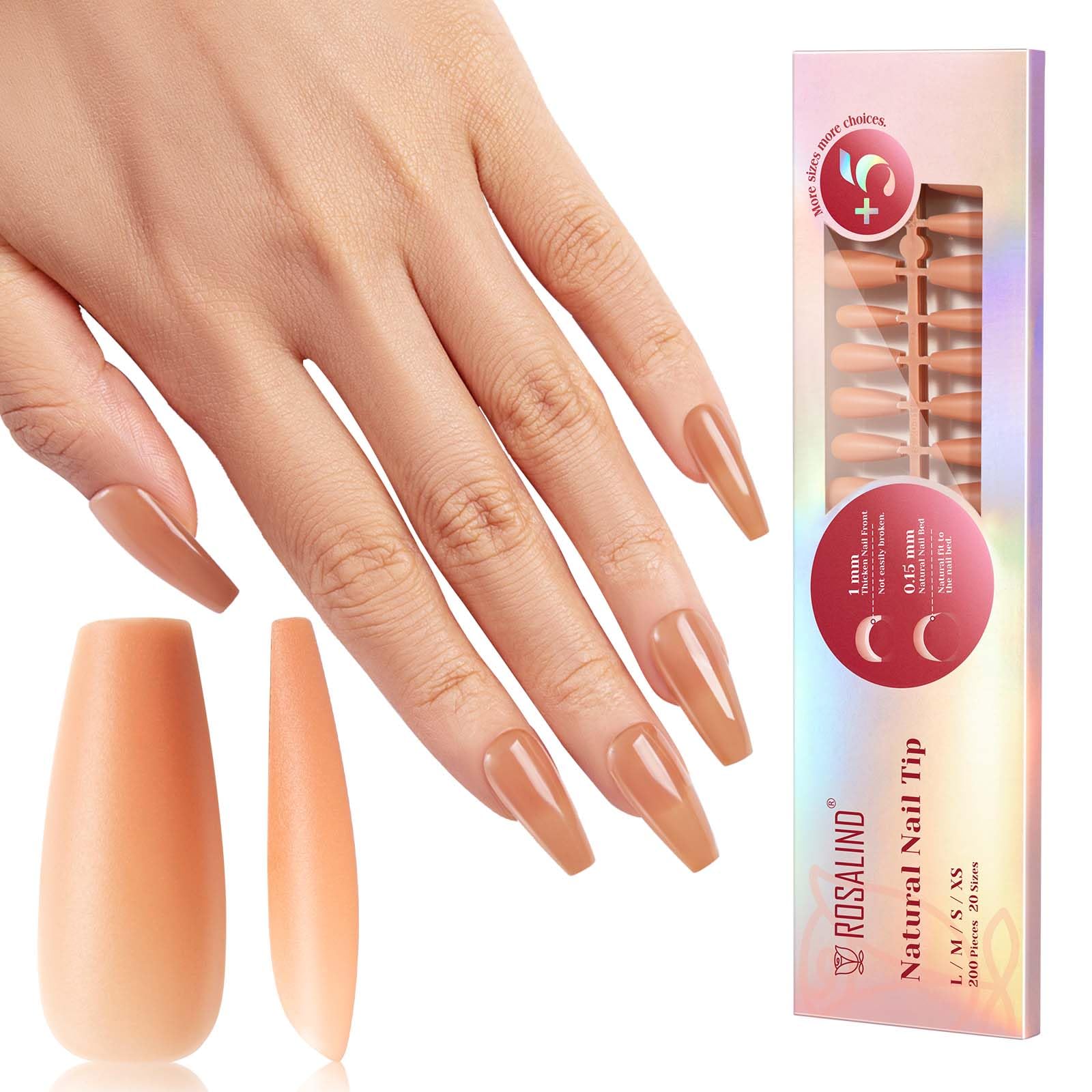 ROSALIND Deep Nude Coffin Nail Tips, 200 PCS Natural Brown Nude Medium ...