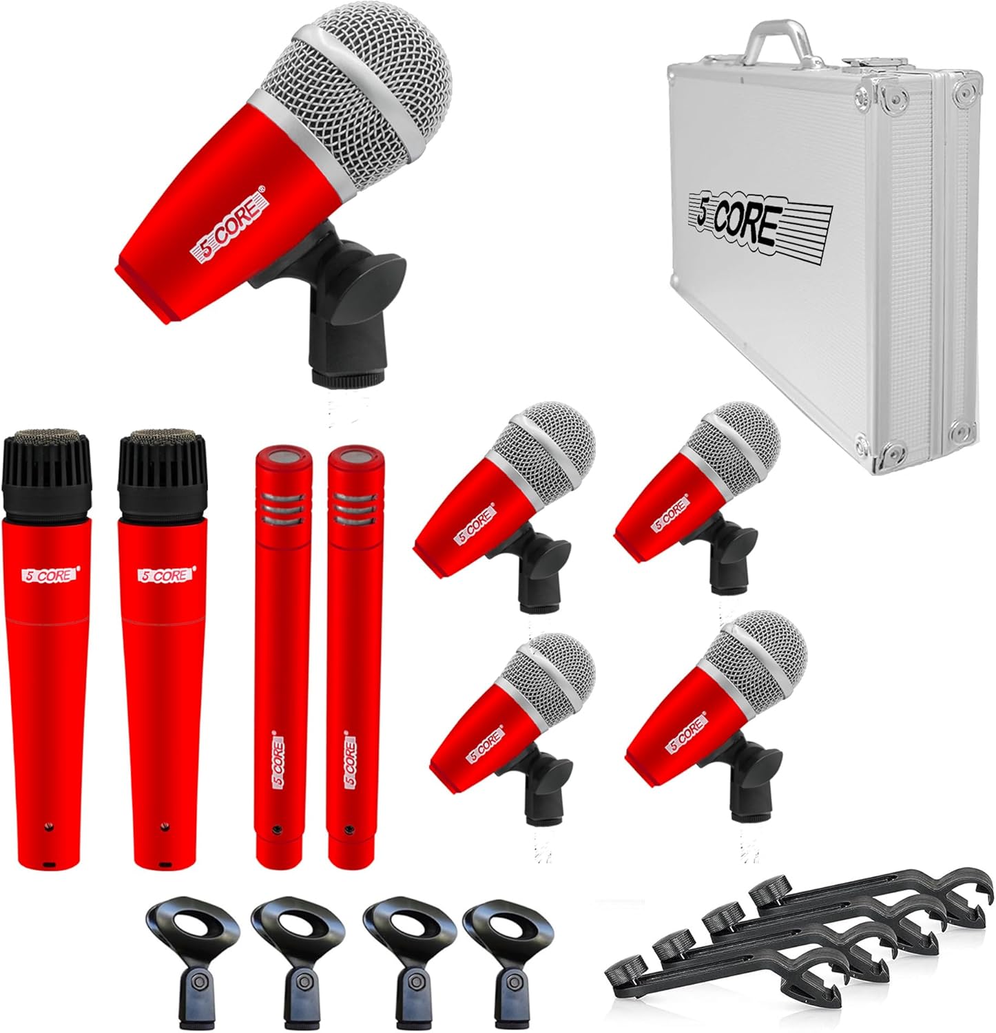 Amazon.com: 5 CORE Professional Drum Mic Kit 9 Piece Tom Snare Kick Set ...