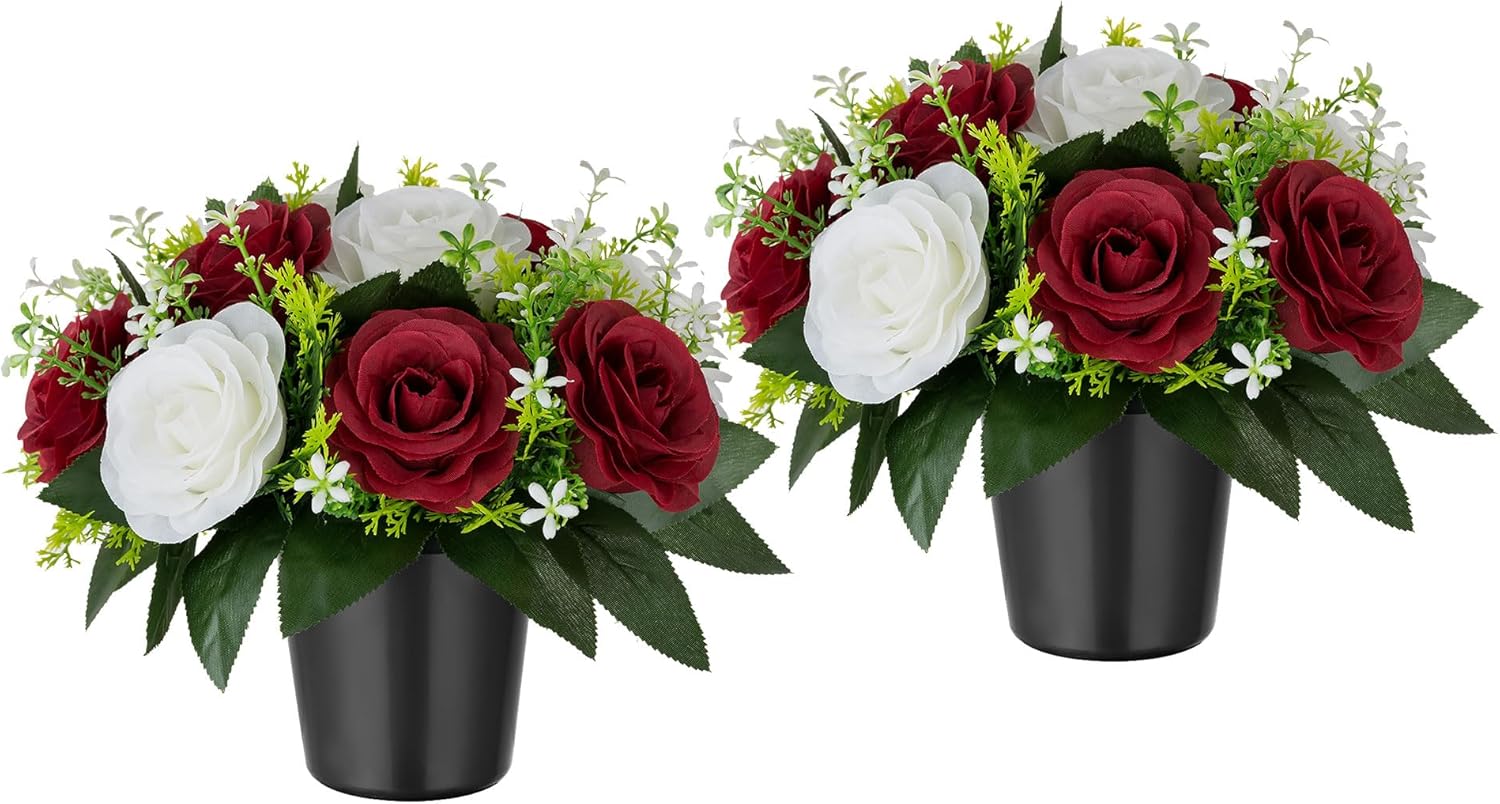BLOSMON Artificial Grave Flowers Pots: 2 Pcs Red Silk Cemetery Flower ...