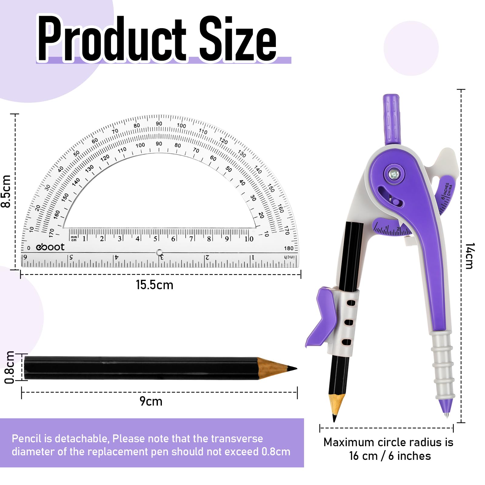 Snapklik.com : EBOOT Student Geometry Math Set, Drawing Compass And 6 Inch Clear Swing Arm ...