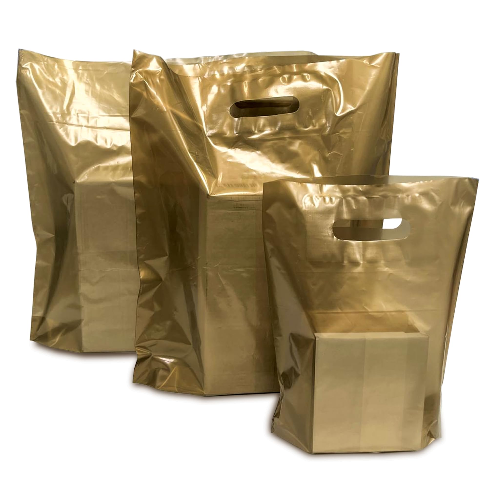 JeeJaan® 25 Pcs of Gold Plastic Carrier Bags 15"x18"+3" - Strong Patch ...