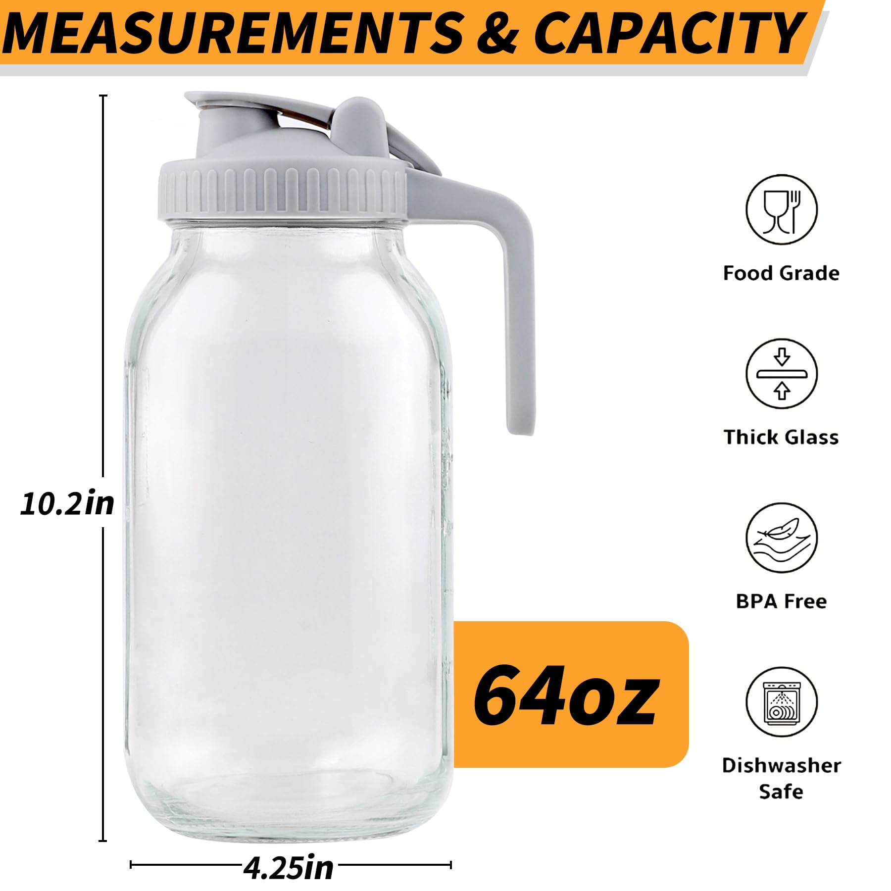 Glass Pitcher with Lid â€“ 2 Quart Mason Jar Pitcher with Spout, 64 oz ...