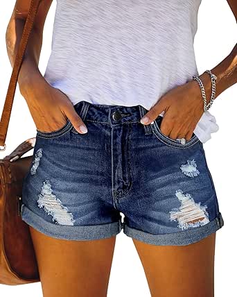 CHICZONE Mid Rise Ripped Denim Jean Shorts Womens Dark Blue Ladies ...