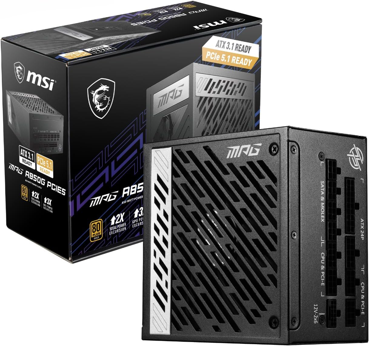 MSI MPG A850G PCIE5 Power Supply Unit, UK Plug - 850W, 80 Plus Gold ...