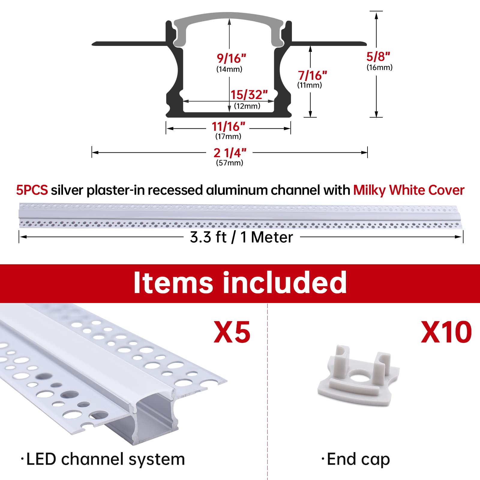Buy MUZATA 5Pack Plaster in Trimless LED Channel System with Flange for ...