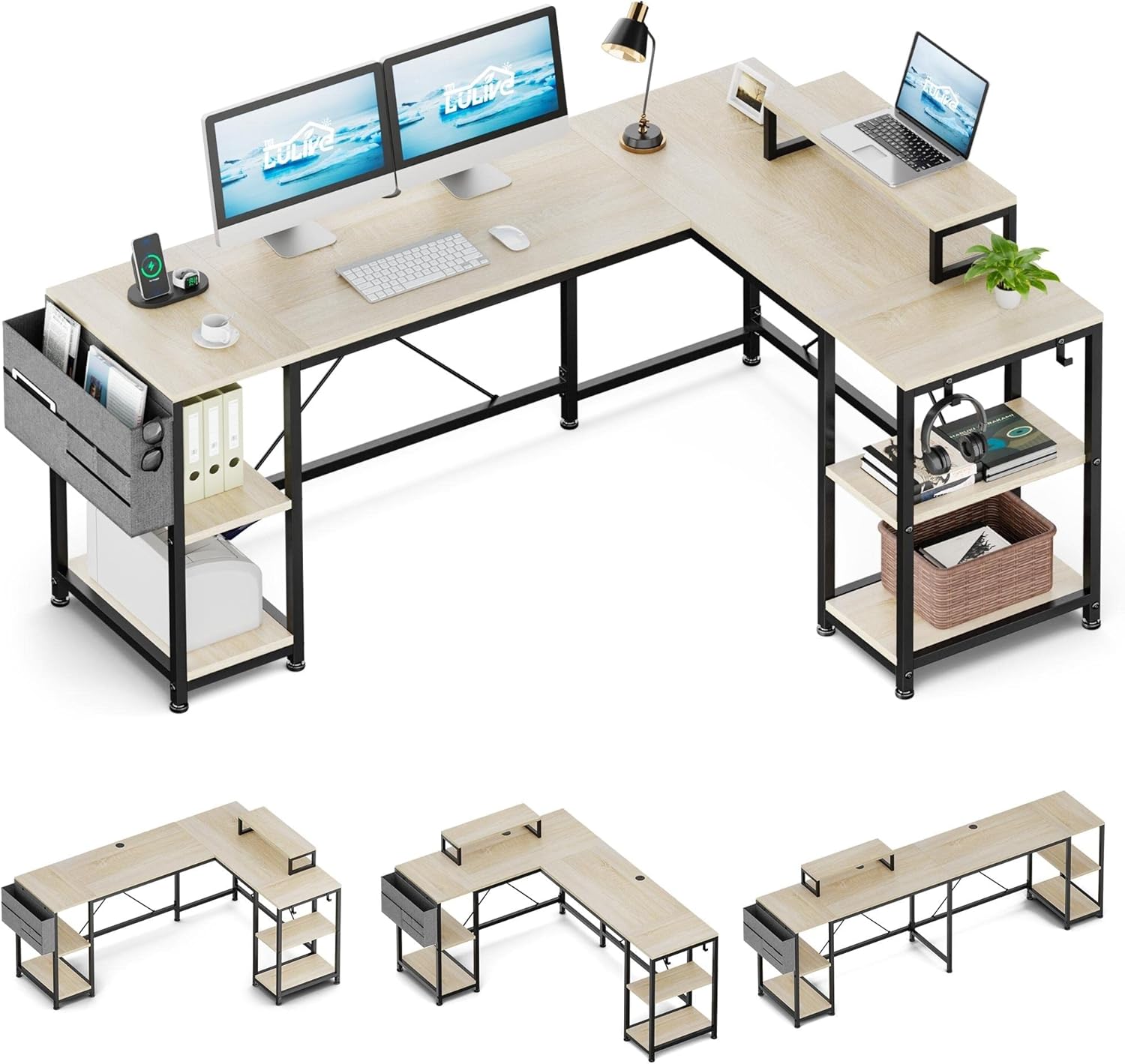 Amazon.com: Reversible L Shaped Desk with Storage Shelves 95" Corner ...