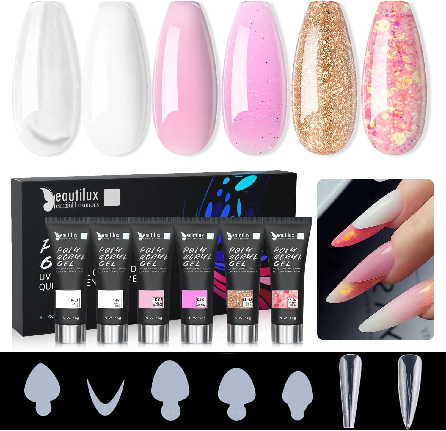 Beautilux Poly Nail Gel Kit, 6 * 15g Rose Blanc Transparent Or Pailleté ...