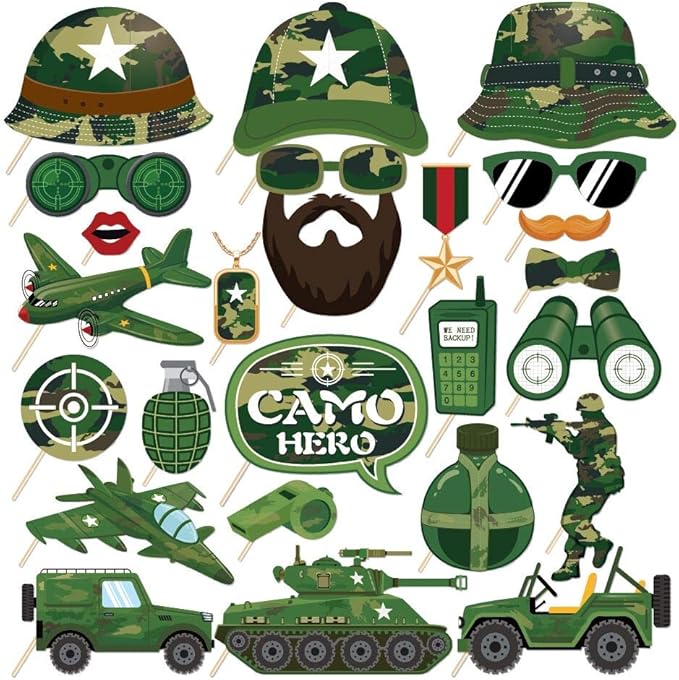 Amazon.com: Aaon 25Pcs Army Photo Booth Props with Stick,Camouflage ...