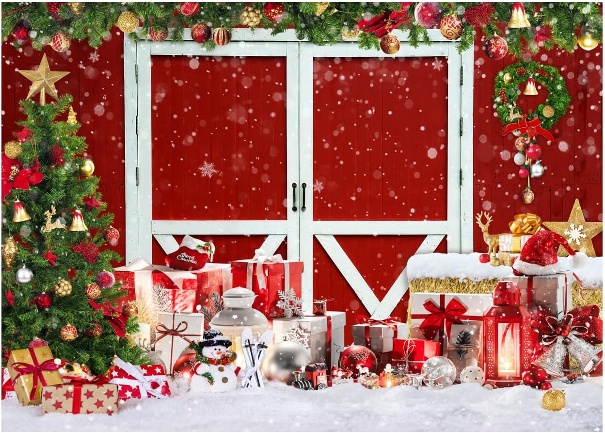 AIIKES 7x5FT Christmas Red Barn Door Backdrop Christmas Backdrop for ...