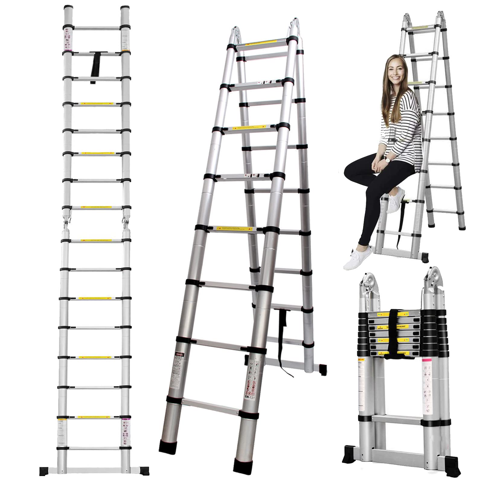 2.5M + 2.5M Telescoping A Frame Ladder for Home 16.5FT Compact Aluminum ...