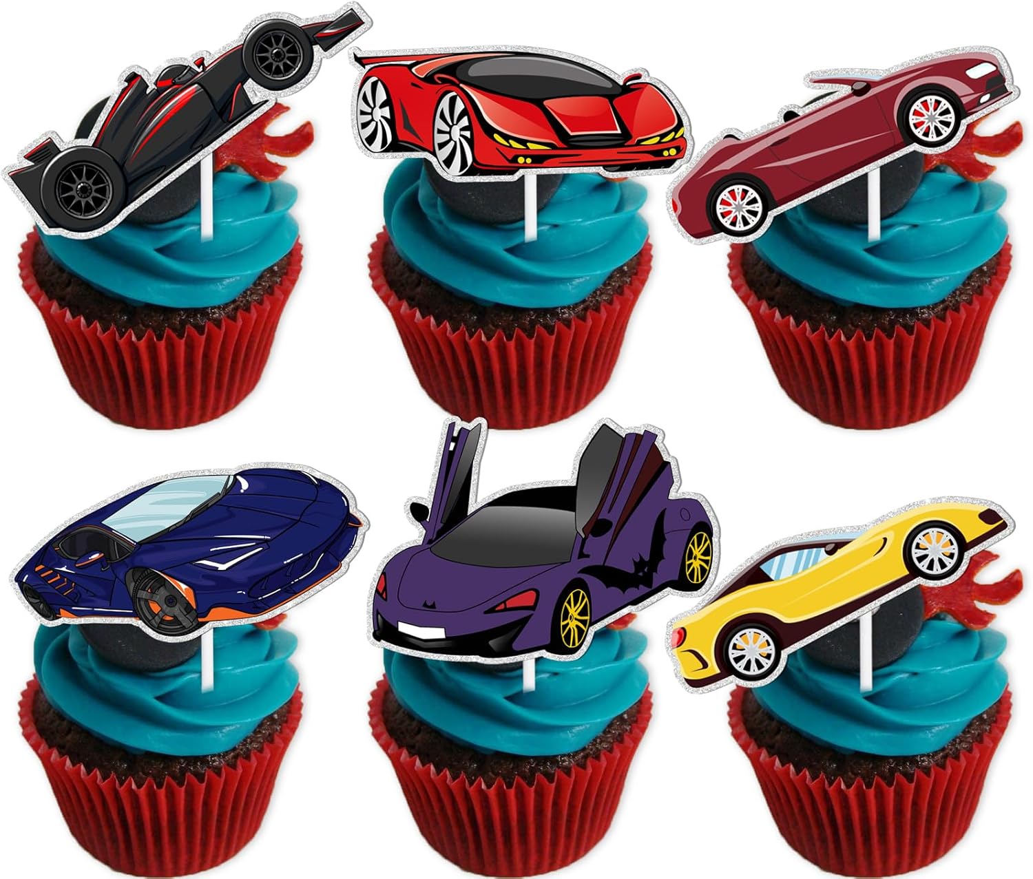 Amazon.com: 18pcs Glitter Race Car Dessert Cupcake Topper Racing Car ...