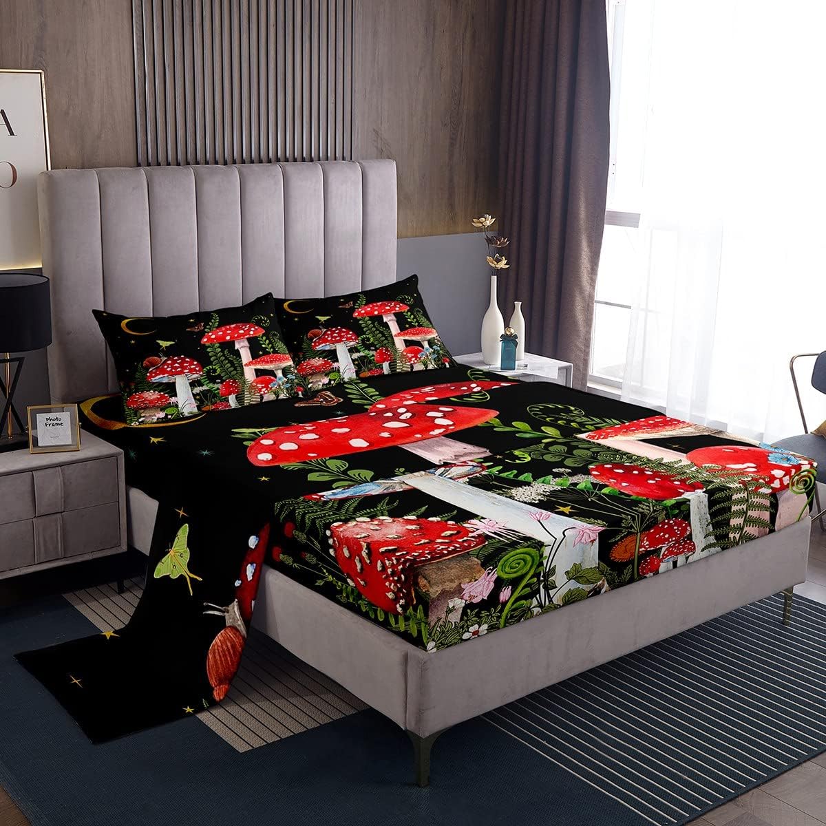 Amazon.com: Red Mushroom Bed Sheet Set 4 Piece,Magical Plant Snail ...