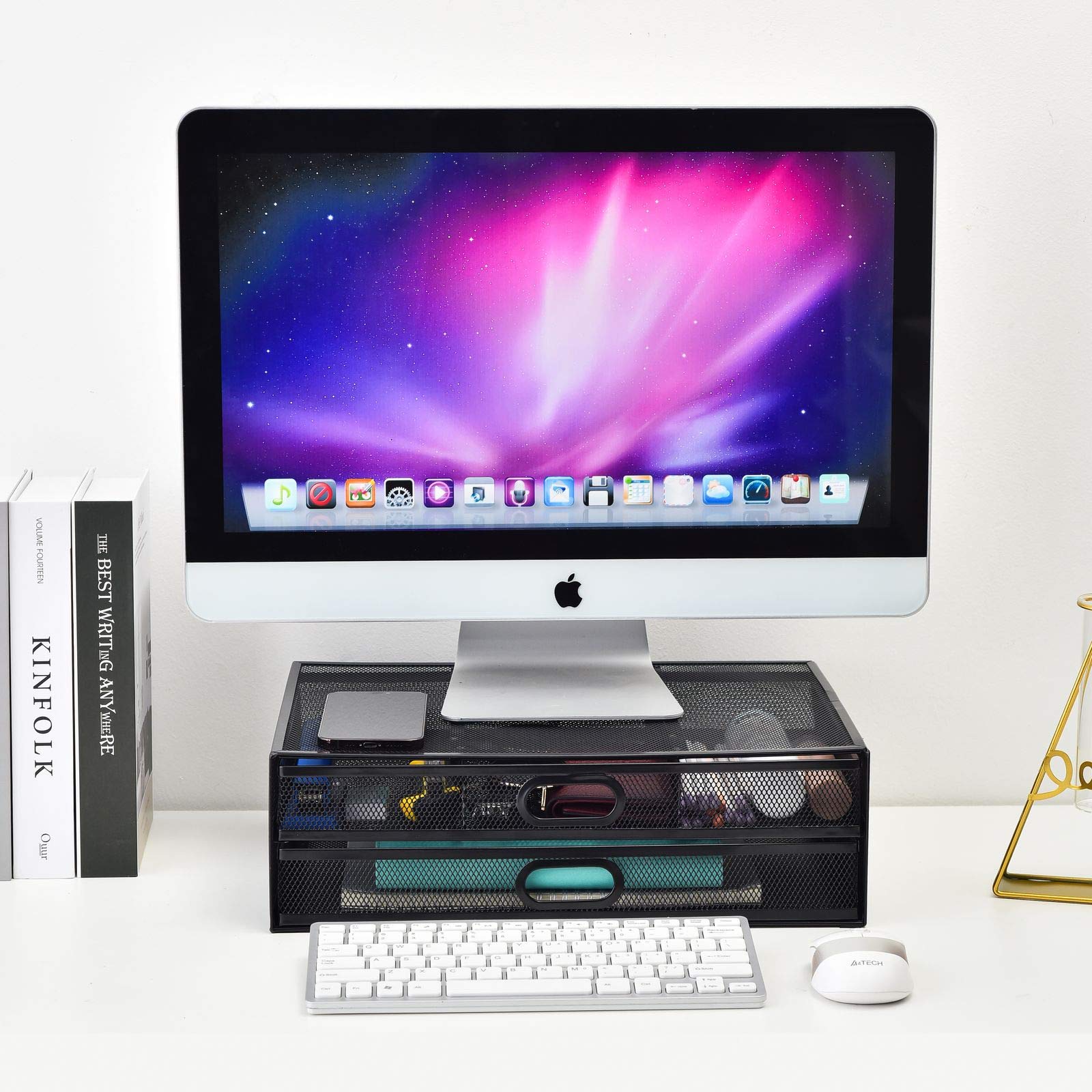 Buy Monitor Stand Riser with Drawer - Metal Mesh Desk Organizer with ...