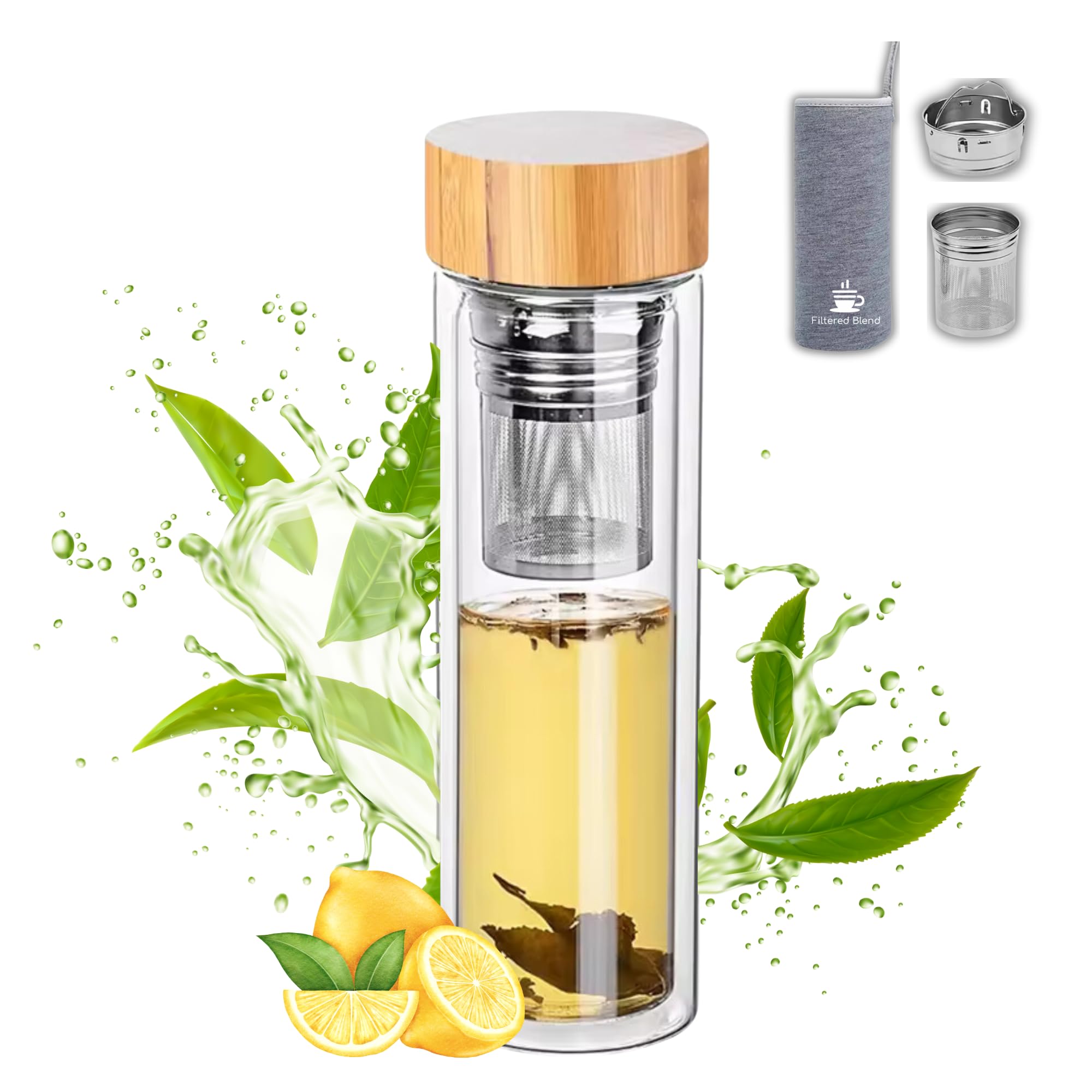 Amazon.com: 15oz Double Wall Glass Water Bottle with Bamboo Lid and Tea ...