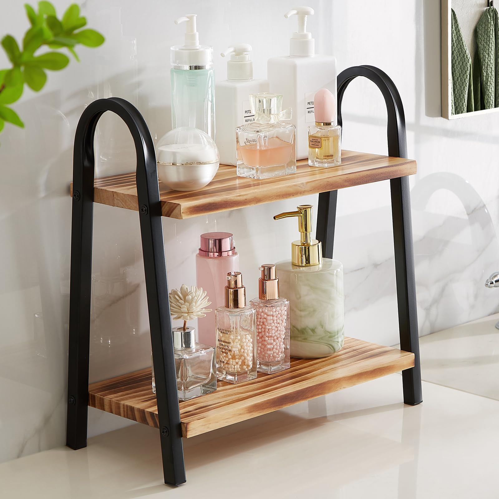 Amazon.com: Goporcelain Bathroom Organizer, 2 Tier Wood Shelf ...