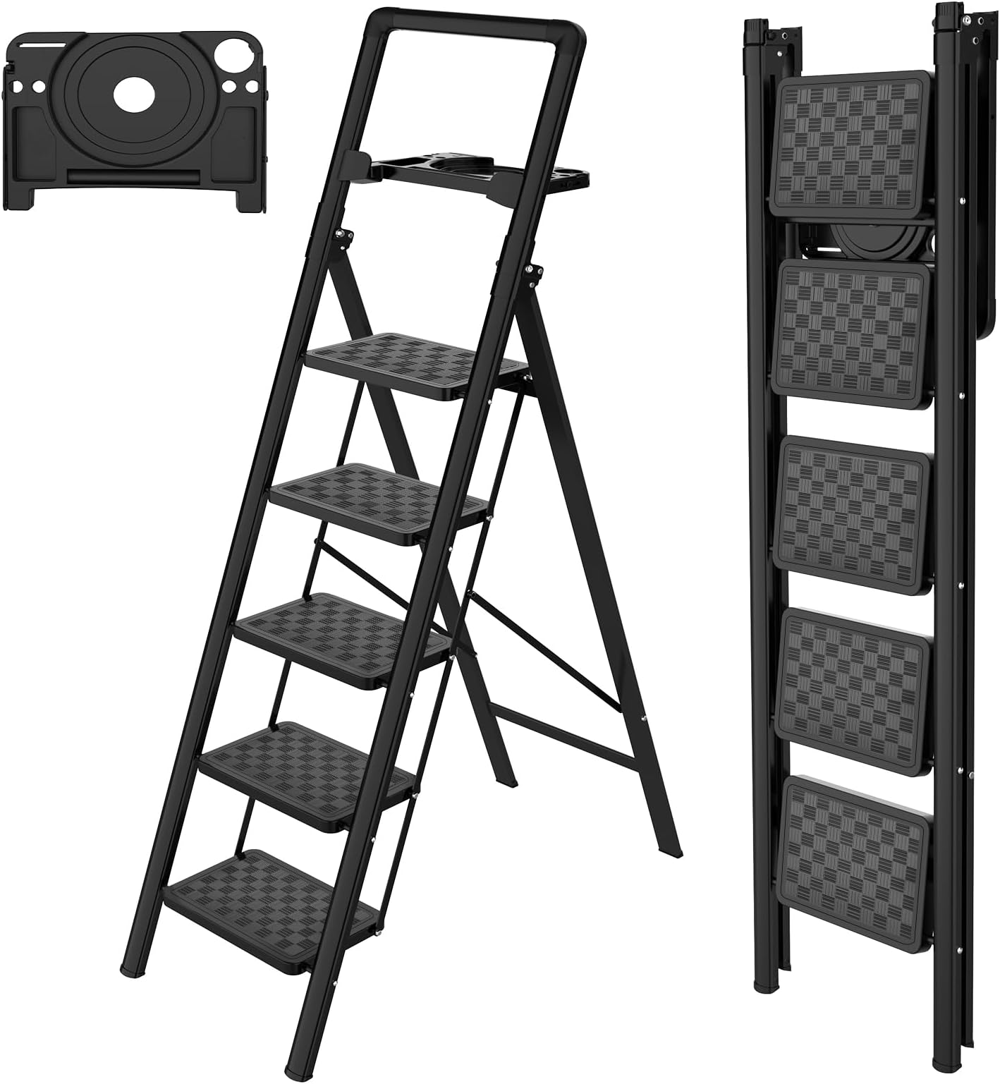 Steel Folding Step Ladder - 5 Step Ladder, Durable Steel Construction ...