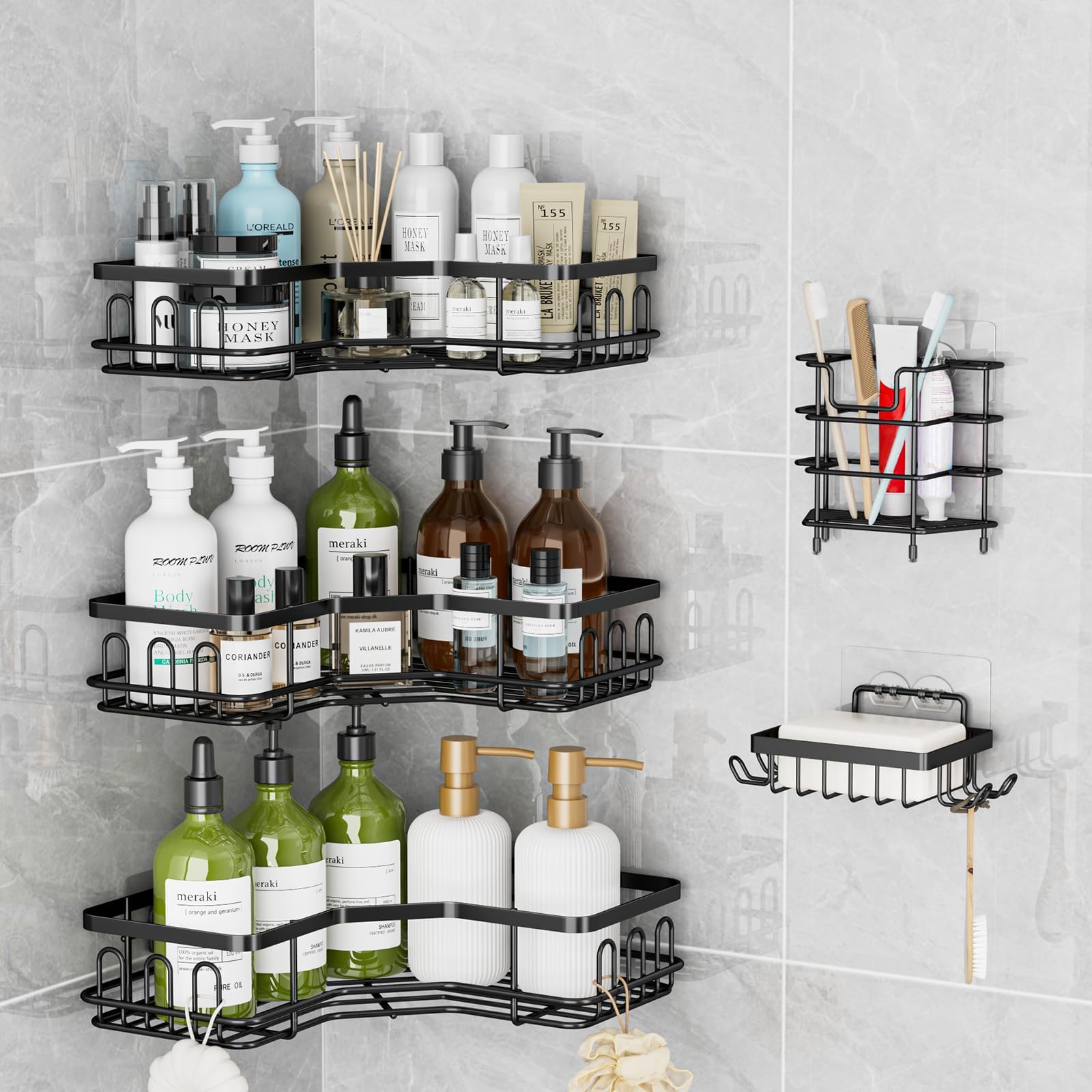 LUCUHM Corner Shower Caddy – 5 Pack Black Bathroom Storage Shelves No ...