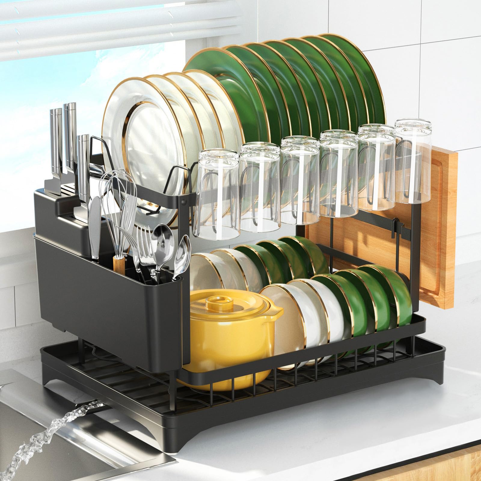 Amazon｜HASONA 水切りラック 食器 水切りかご 2段式 横置き 食器乾燥ラック 自動排水 錆びない 大容量 キッチン収納 水が流れる ディッシュラック 皿立て 箸収納 包丁スタンド ...