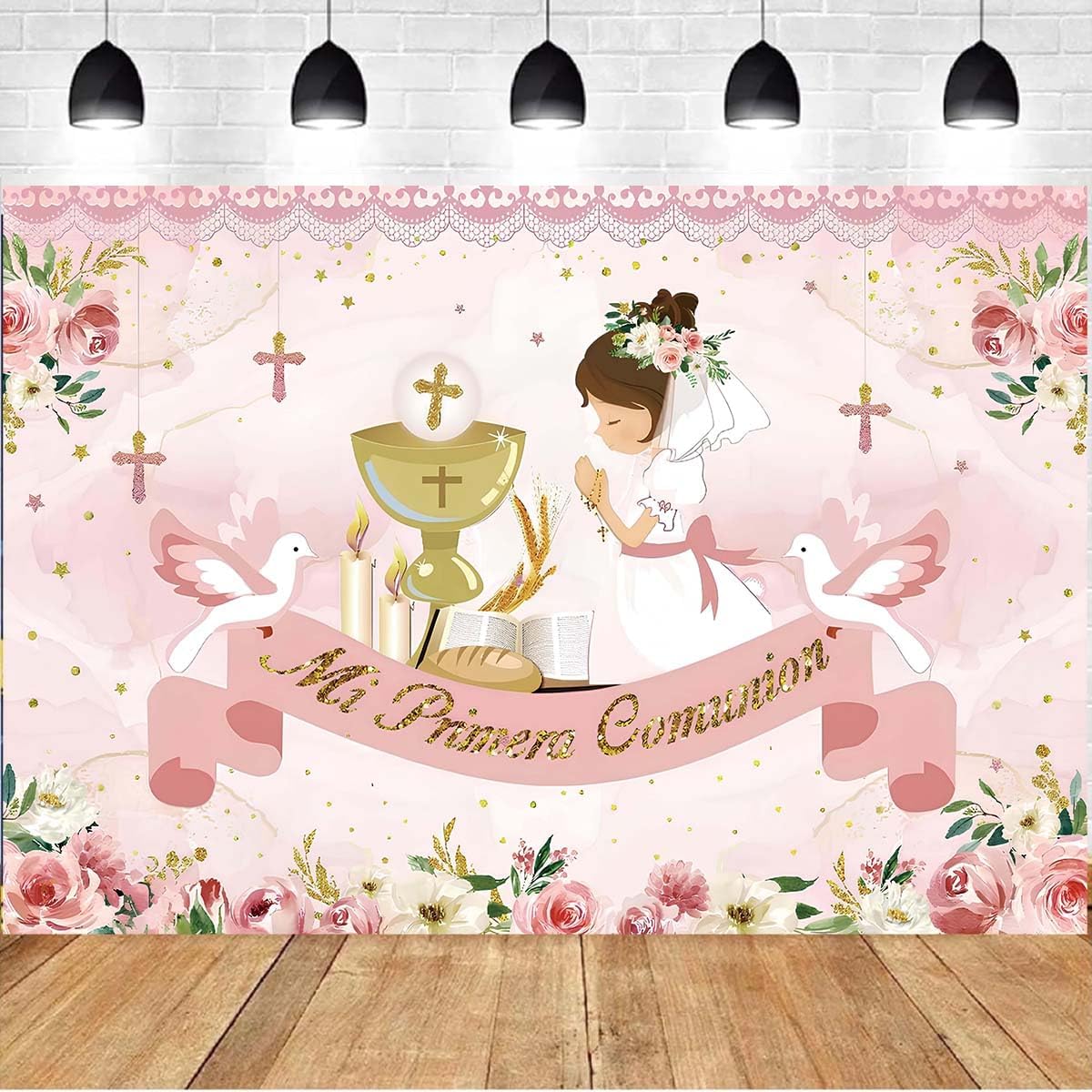 Amazon.com : First Communion Decorations Backdrop for Girl Pink Floral ...