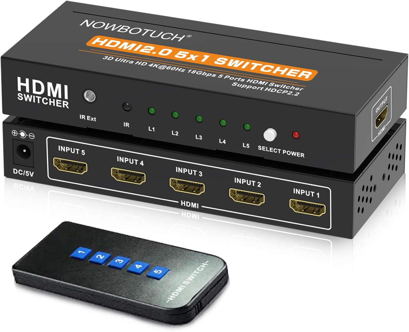 NOWBOTUCH 4K@60Hz 5x1 HDMI 2.0 Switch HDMI Selector Switch 5 Port HDR ...