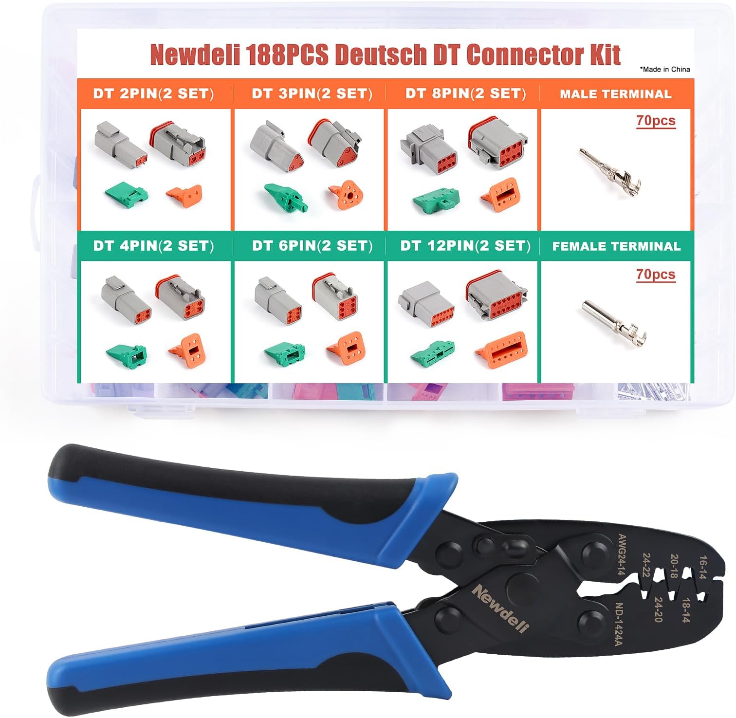 Newdeli 188pcs Deutsch Connector Kit Size 16 with Molex Crimper 24-14 ...