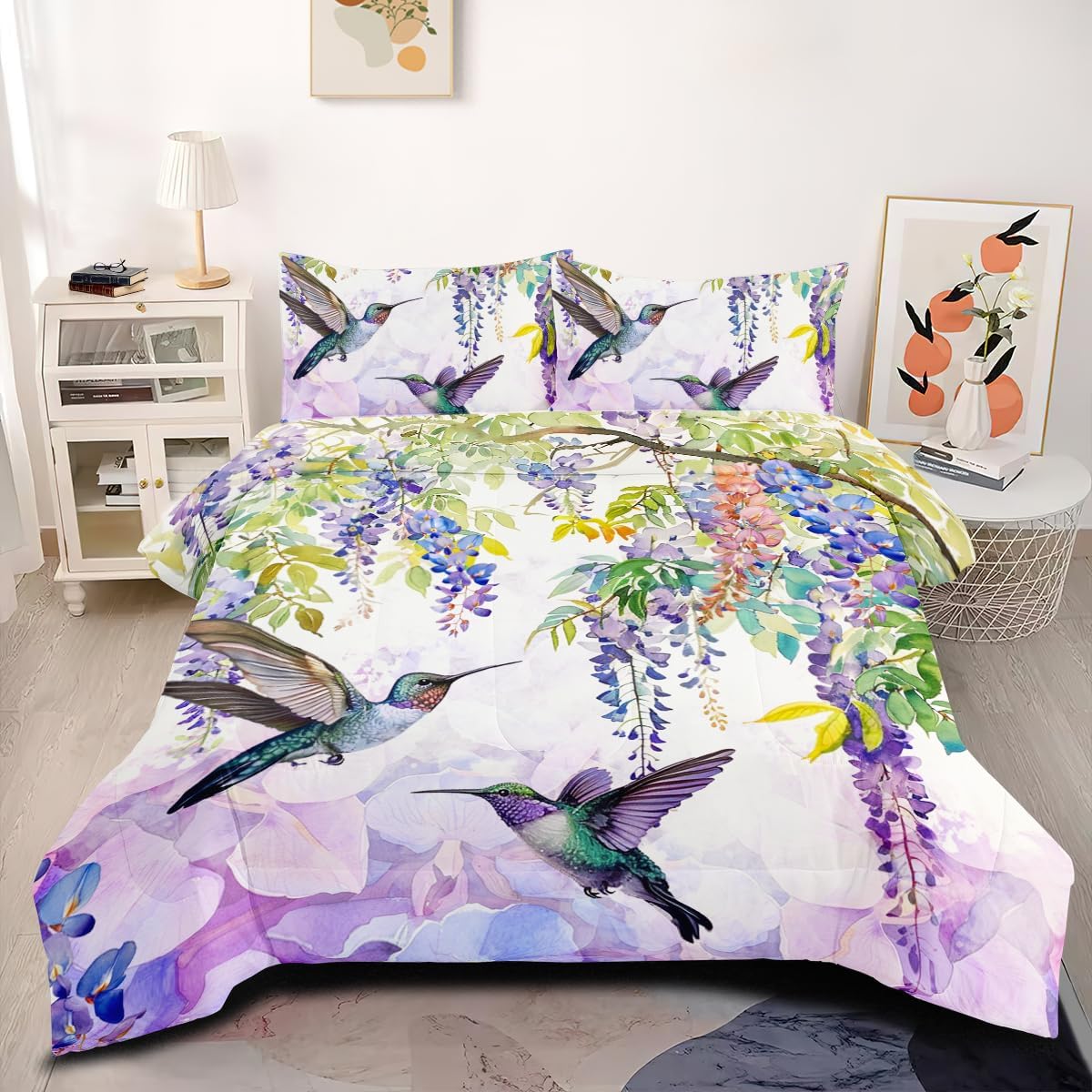 Amazon.com: CCoutueChen Purple Floral Bird Comforter Set Queen Size ...